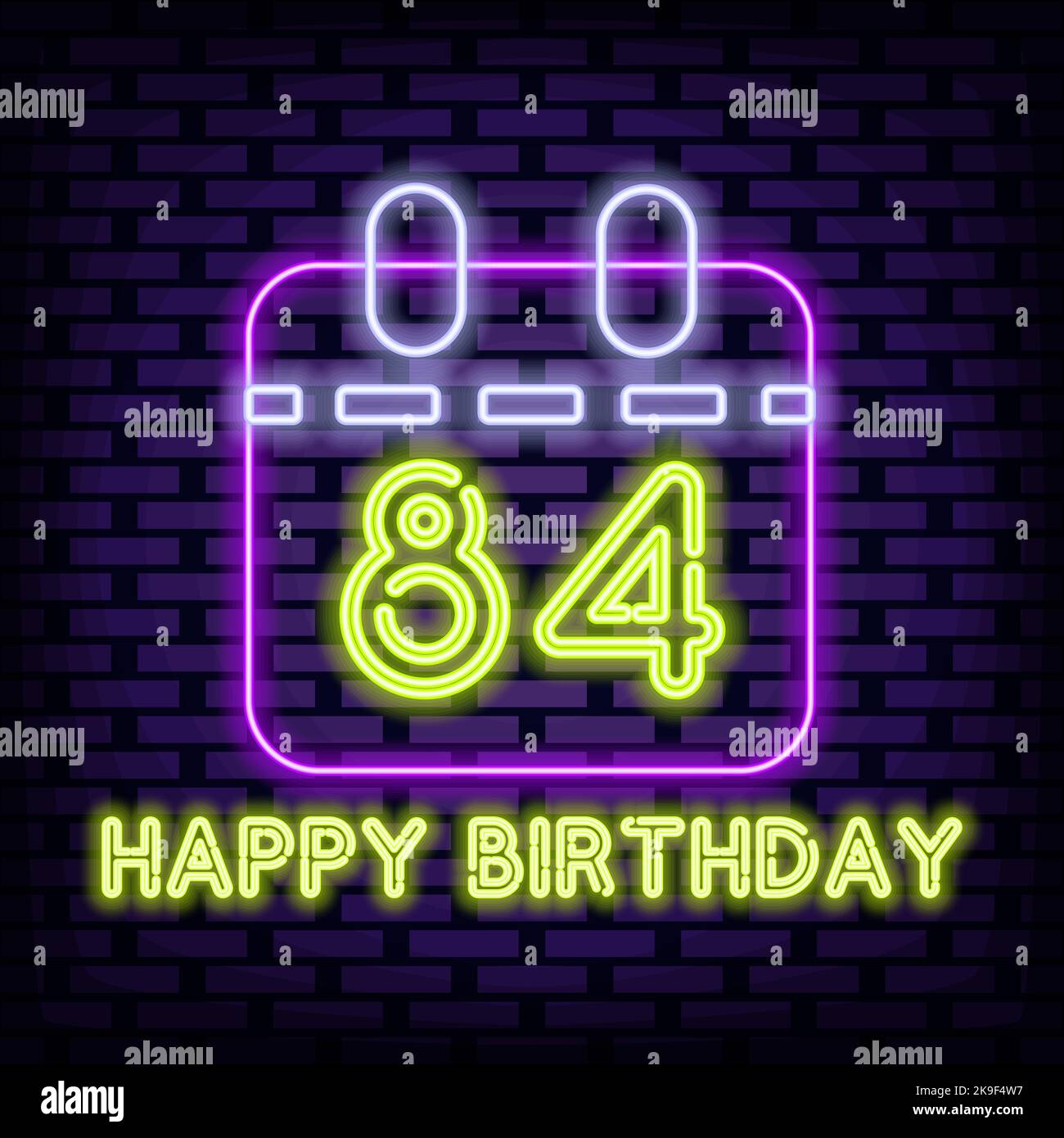 84th Happy Birthday 84 Year old Neon signboards. On brick wall ...