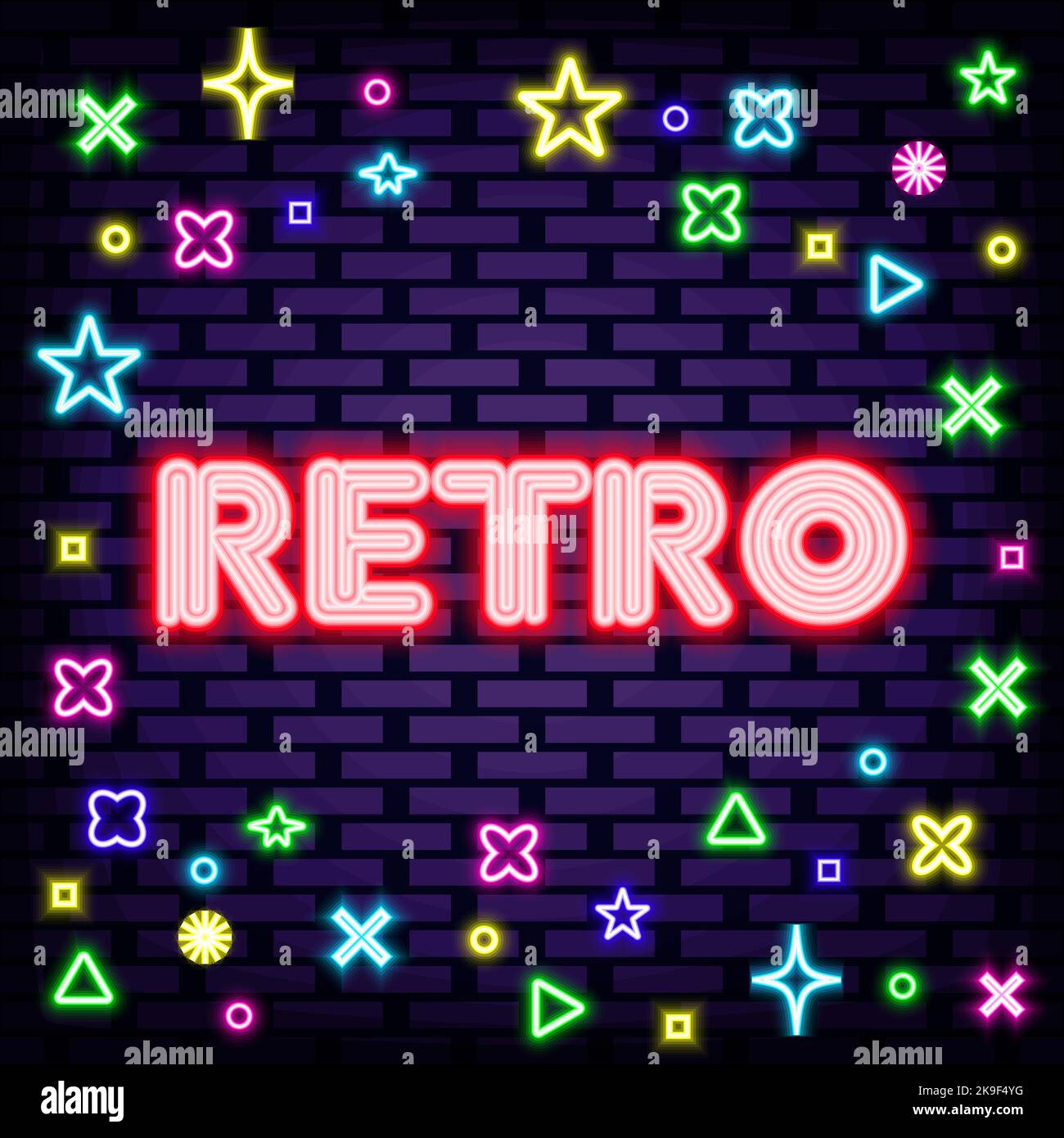 Retro Neon quote. On brick wall background. Night advensing Stock ...