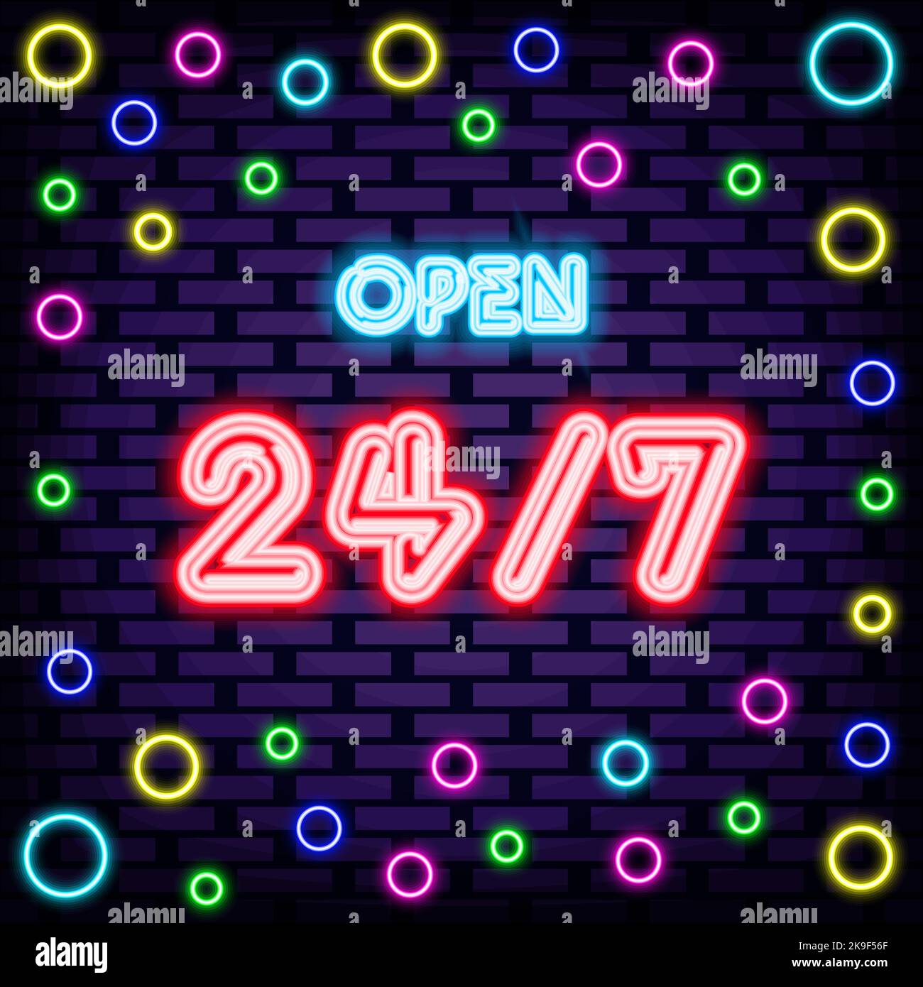 Open 24/7 Neon Sign Vector. On brick wall background. Night bright ...