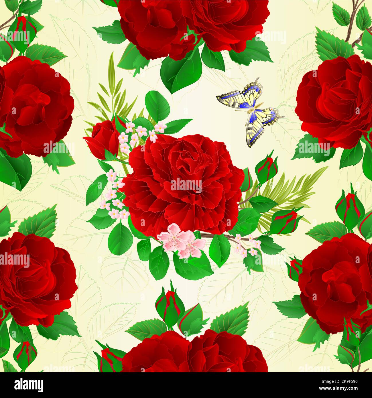 Seamless texture bouquet of red roses and rosebuds and butterfly festive botanical background ...