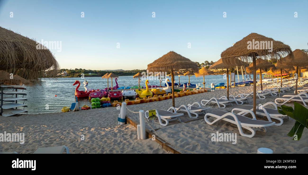 QUINTA DO LAGO, PORTUGAL - 26th JUNE 2022: Relaxation beach beds in ...