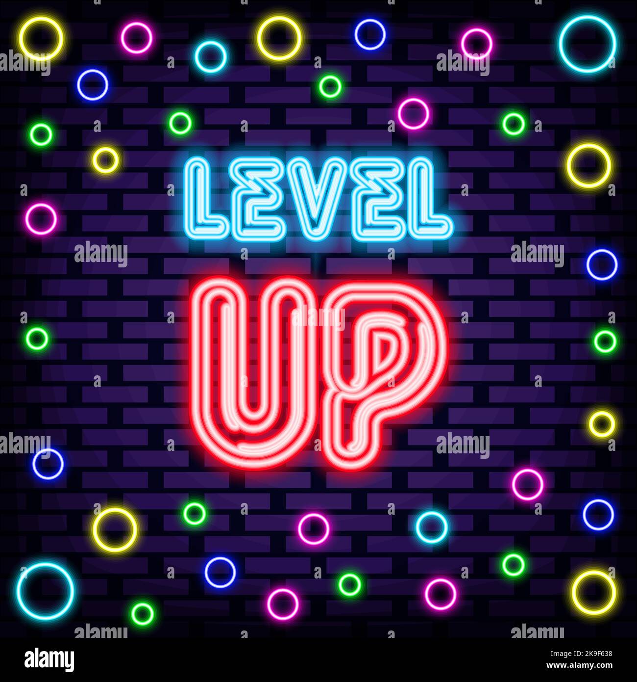 Level Up Neon quote. On brick wall background. Night advensing Stock ...