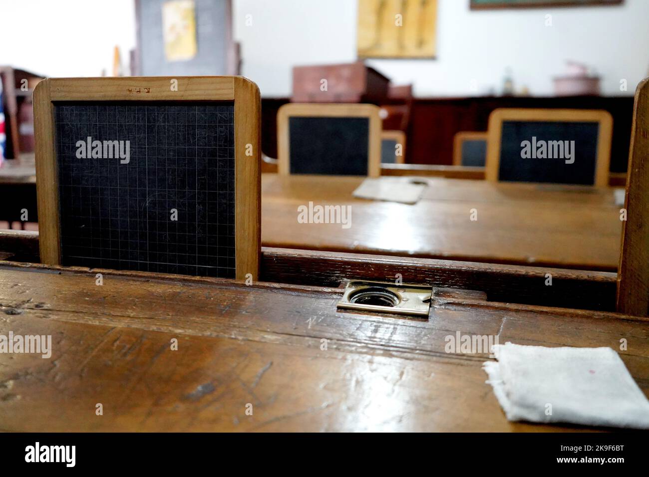 Old historical classroom with wooden desks and chalkboards Stock Photo ...