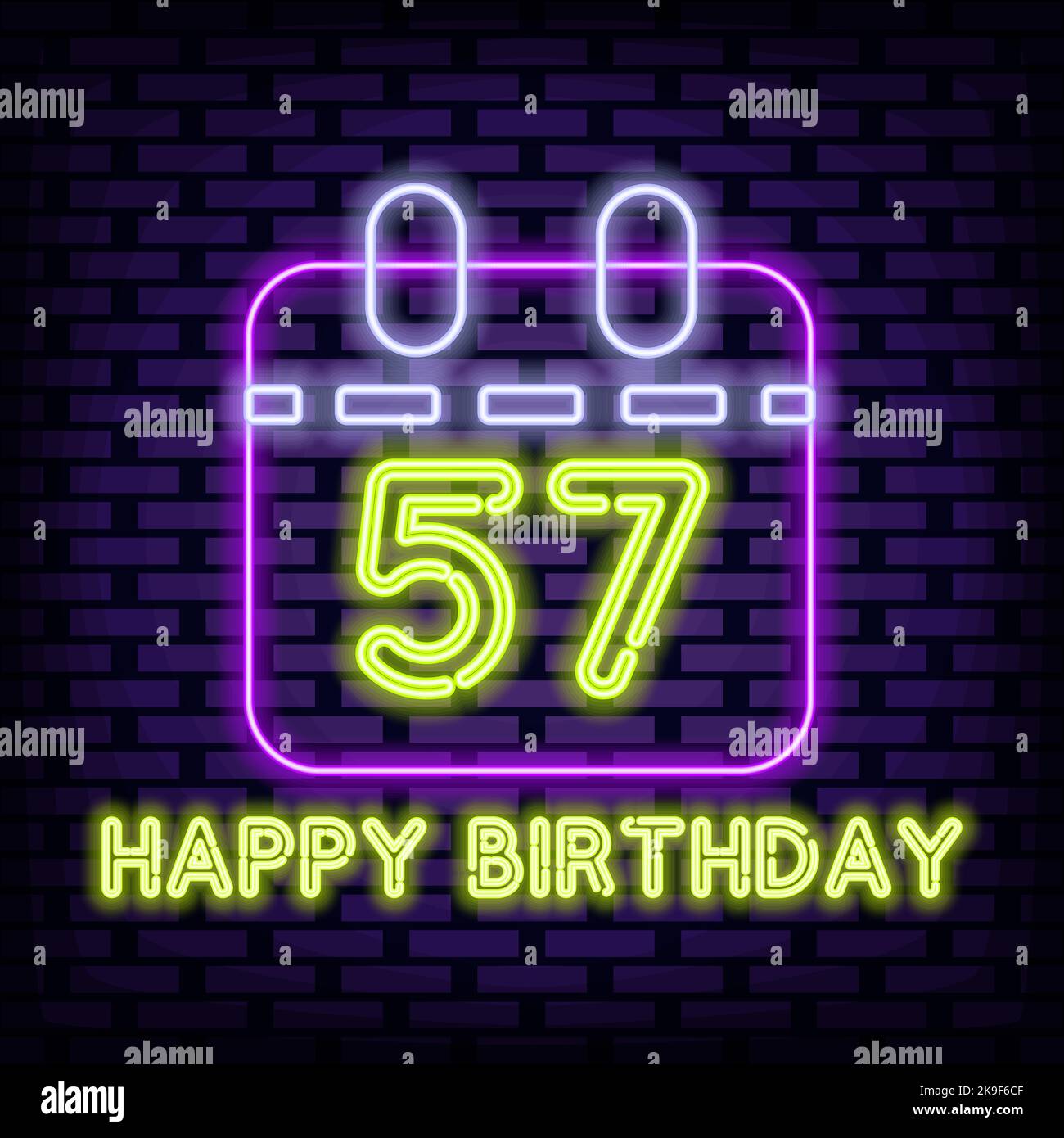 57th Happy Birthday 57 Year old Neon sign. On brick wall background ...