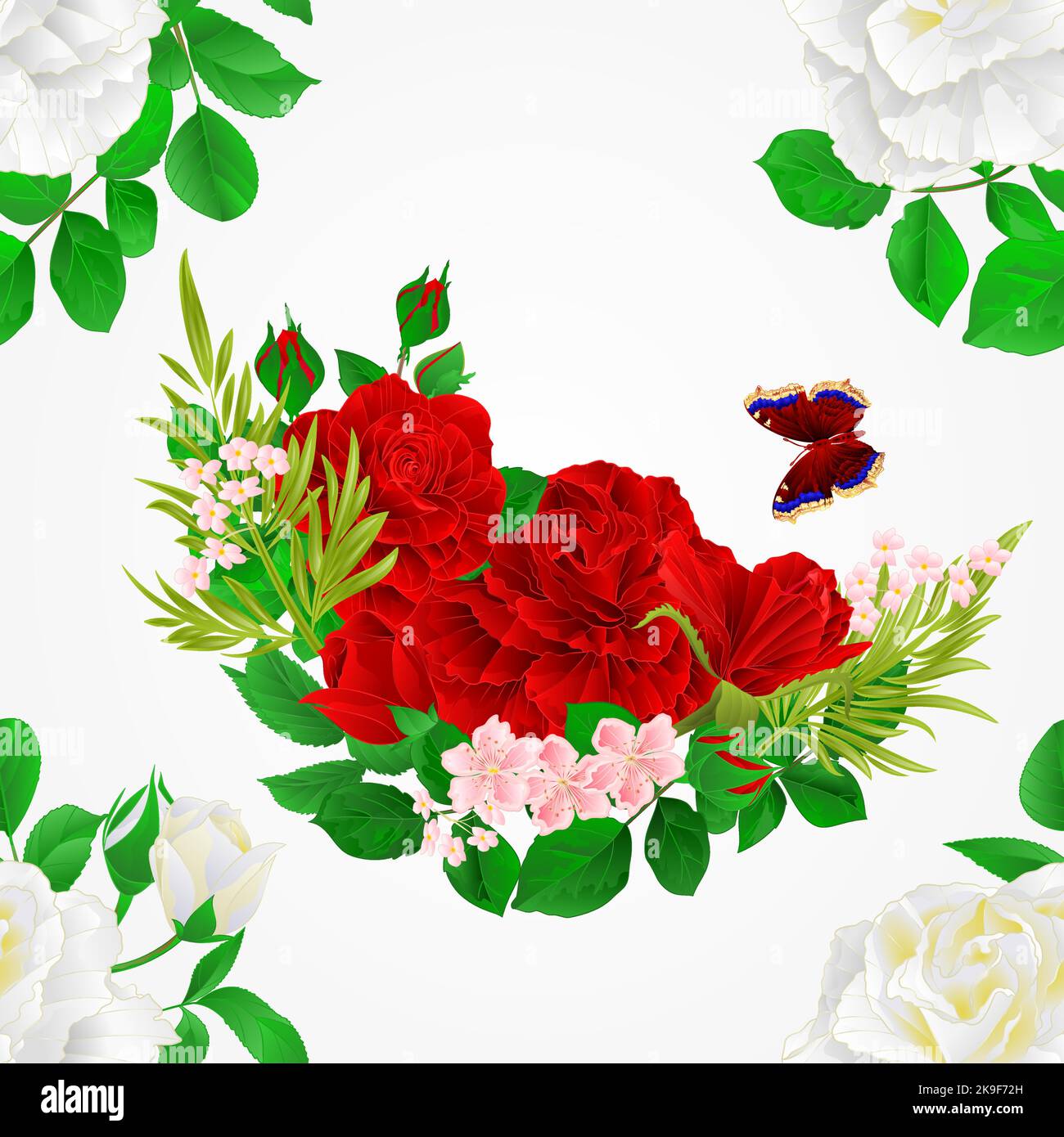 Seamless texture white and red Roses and butterfly vintage festive ...
