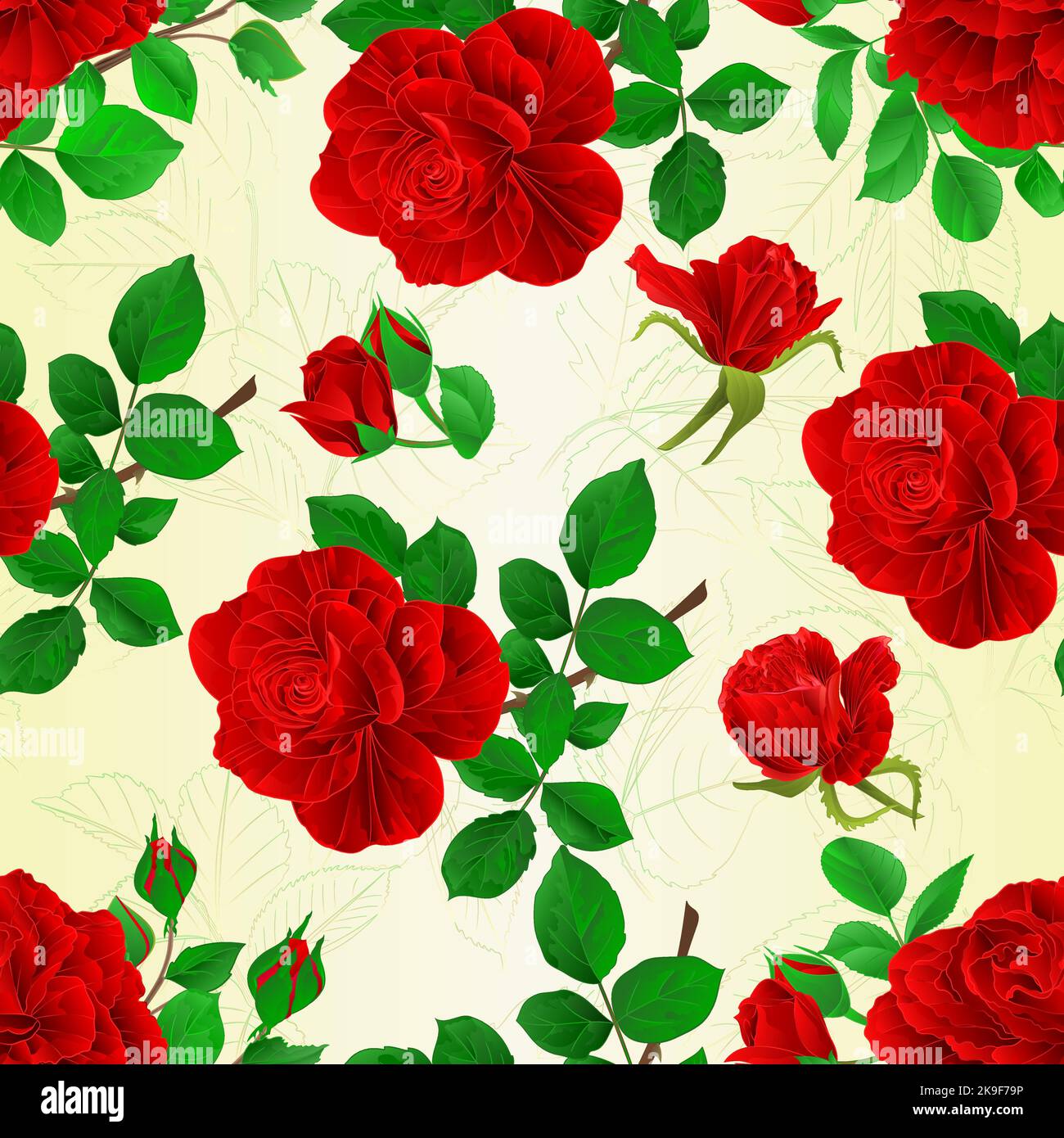 Seamless texture red roses with buds and leaves vintage fetive ...