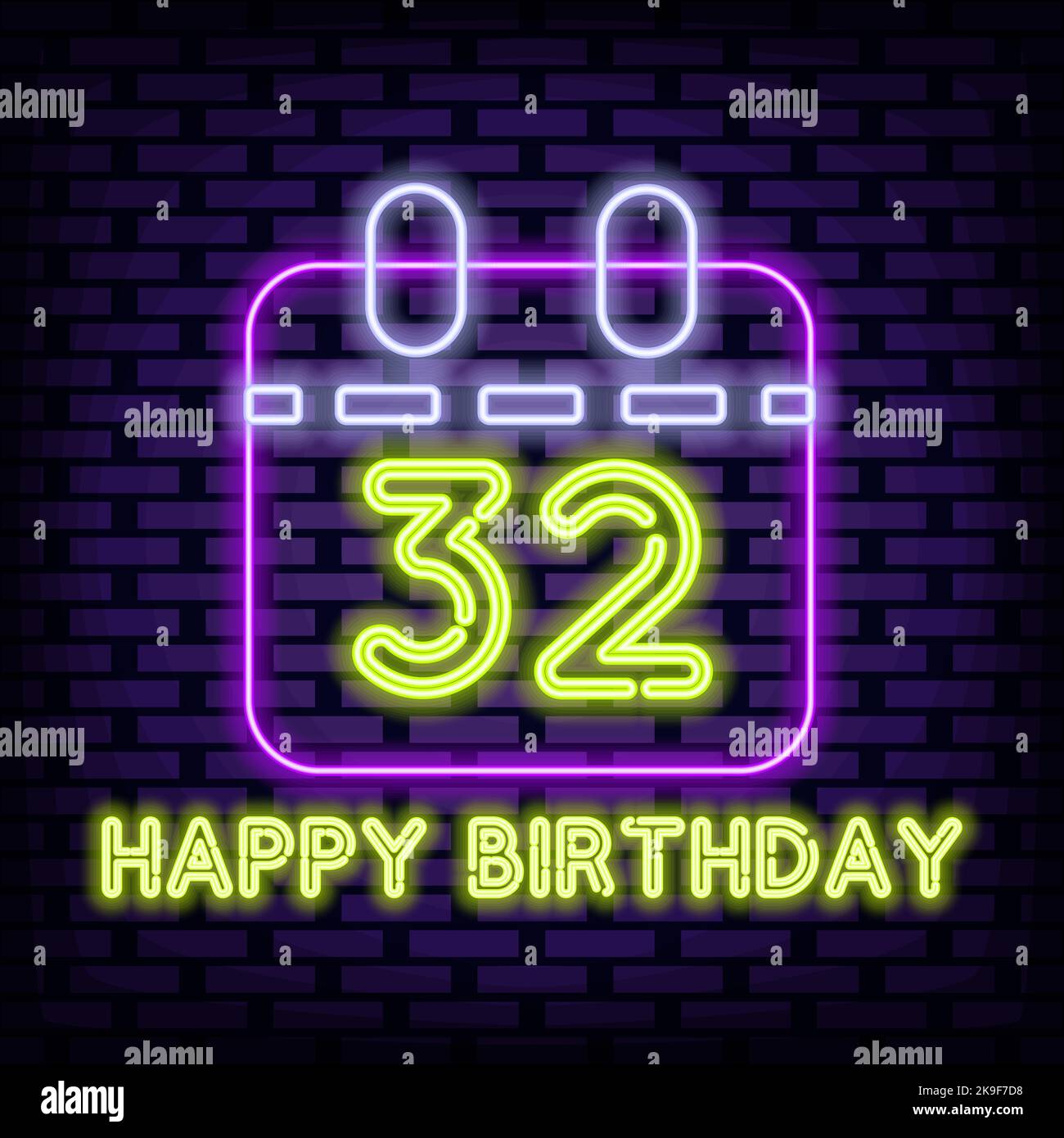 32th Happy Birthday 32 Year old Badge in neon style. On brick wall ...