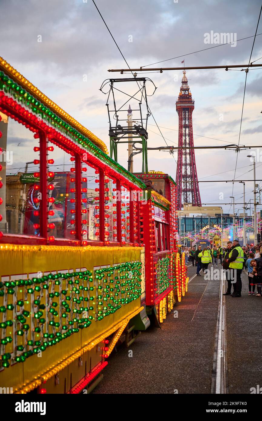 Blackpool Lightpool festival 2022. Illuminated tram parade along the ...