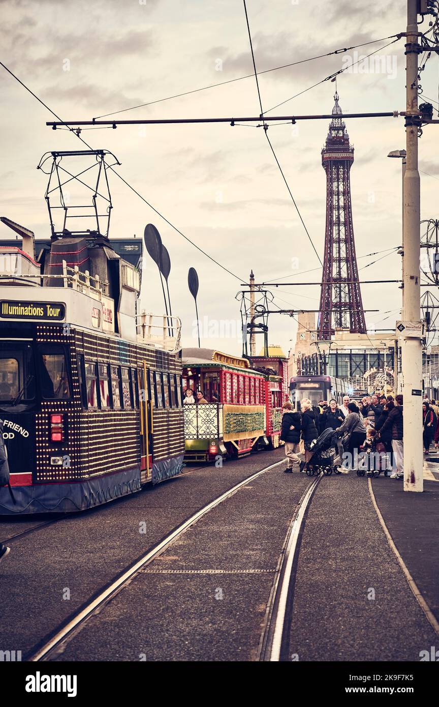 Blackpool Lightpool festival 2022. Illuminated tram parade along the ...