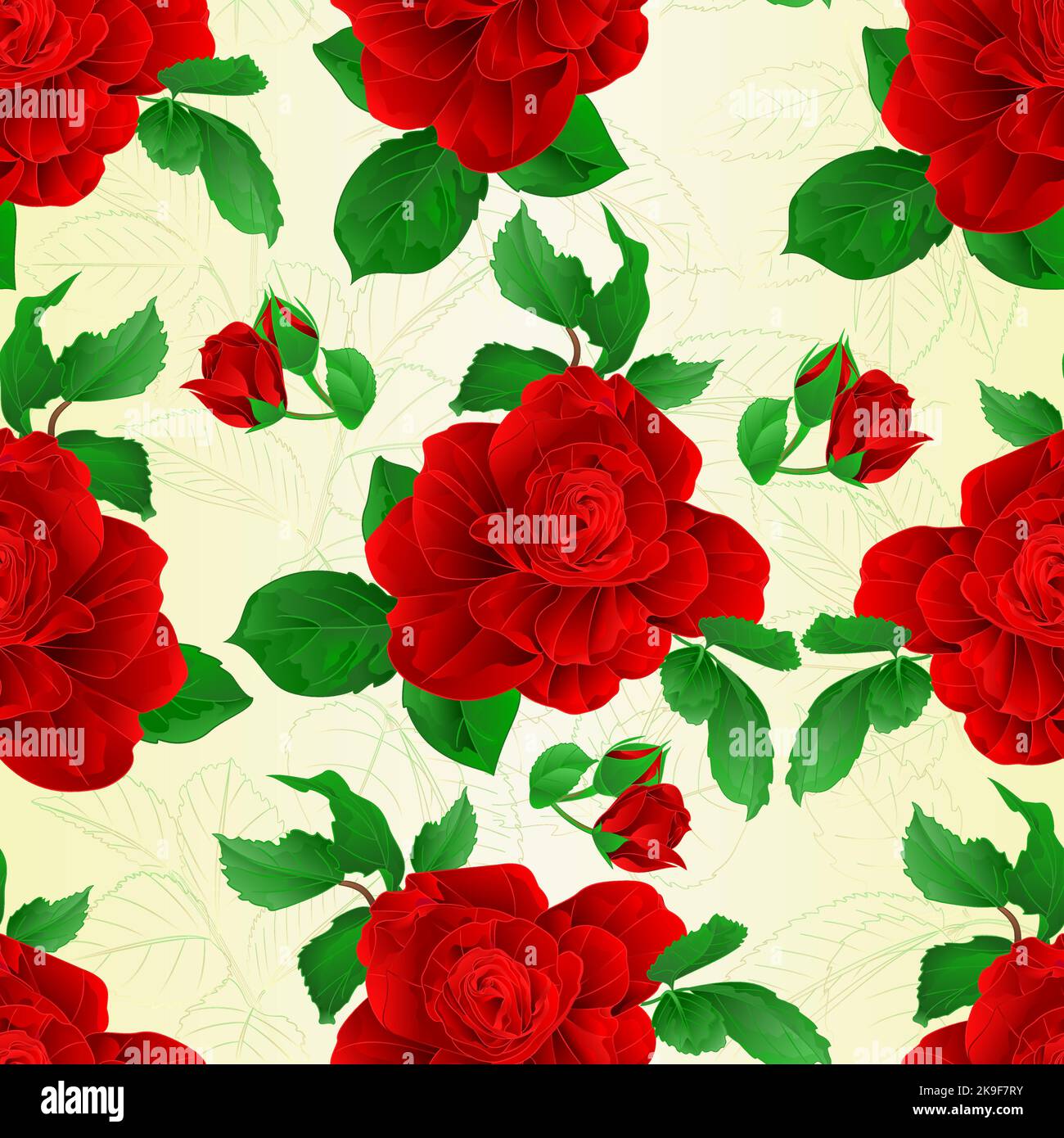 Seamless texture Stem flower red rose and leaves vintage vector illustration editable hand draw ...