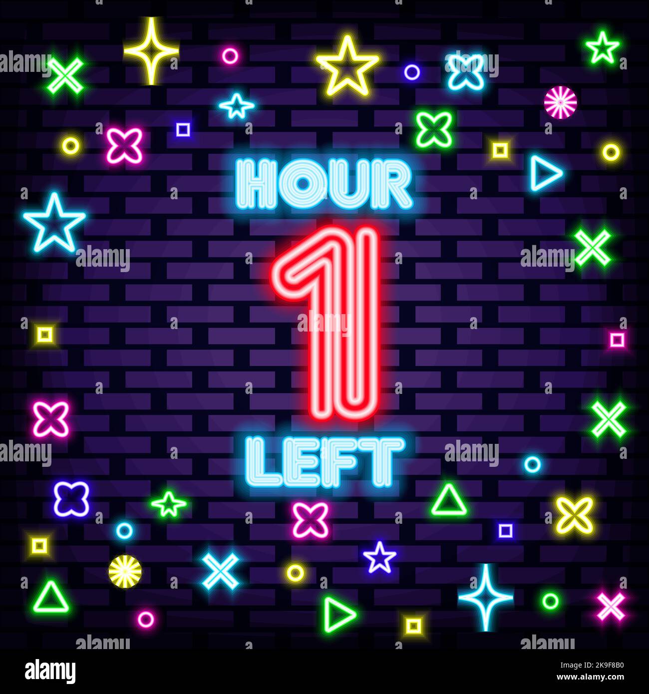 1 hour left Neon Sign Vector. Bright signboard. Announcement neon ...