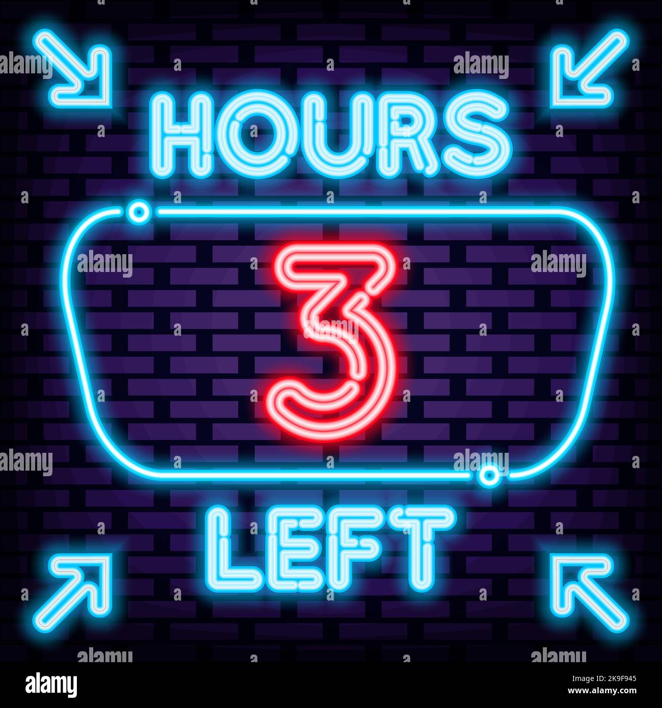 3 hours left Neon sign. On brick wall background. Night advensing Stock ...