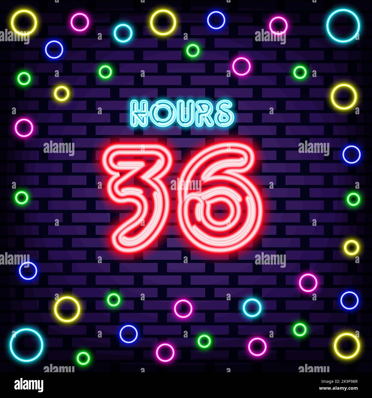 36 hours Neon signboards. On brick wall background. Light banner Stock ...