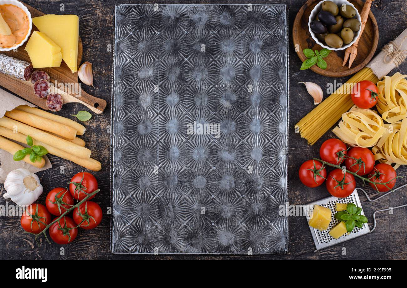 Italian food cooking background with pasta Stock Photo - Alamy