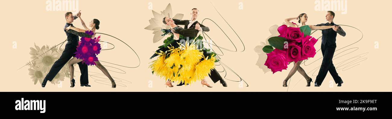 Collage with three couples of ballroom dance dancers in creative floral ...