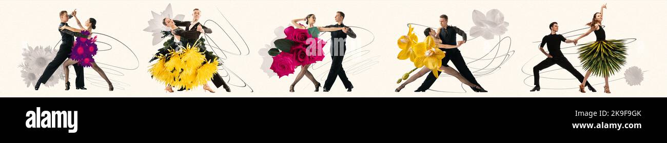 Collage with beautiful couples of ballroom dance dancers in creative ...