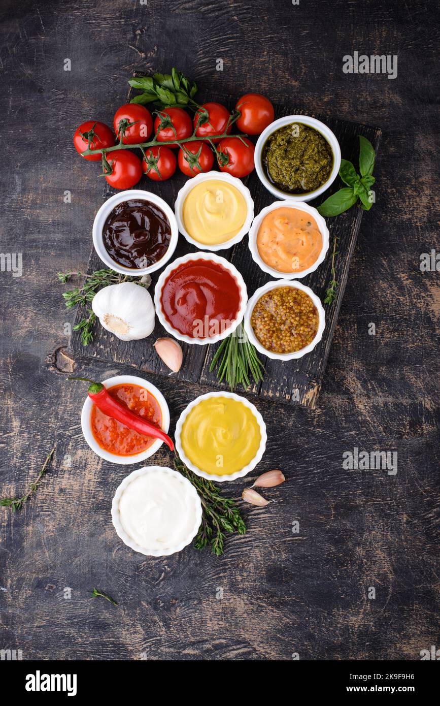 Set of different sauces. Ketchup, mustard and mayonnaise Stock Photo ...