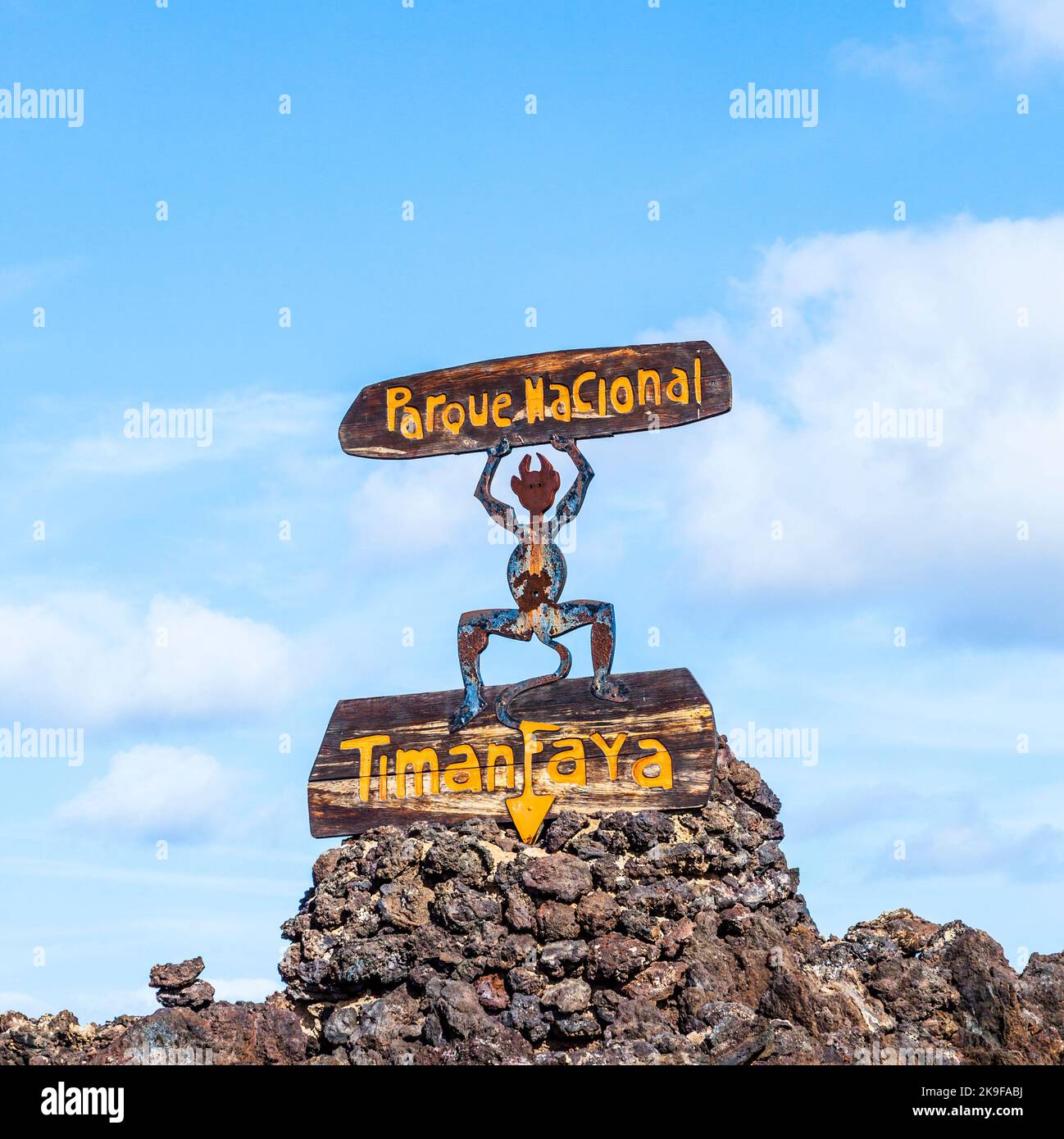YAIZA, SPAIN - DEC 26, 2010: Devil sign by entrance Timanfaya National Park in Lanzarote in ...