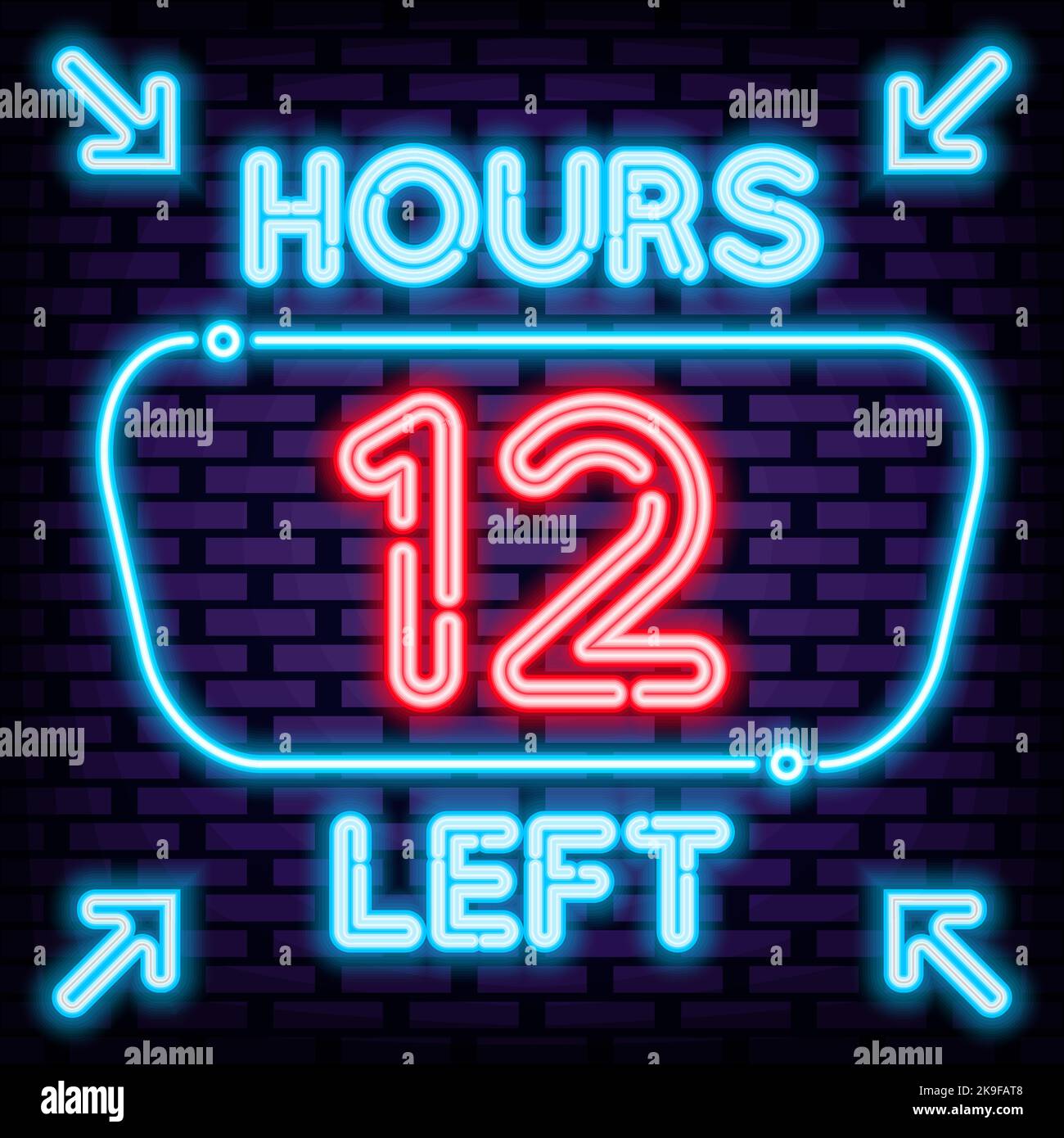 12 hours left Neon sign. Glowing with colorful neon light. Announcement ...