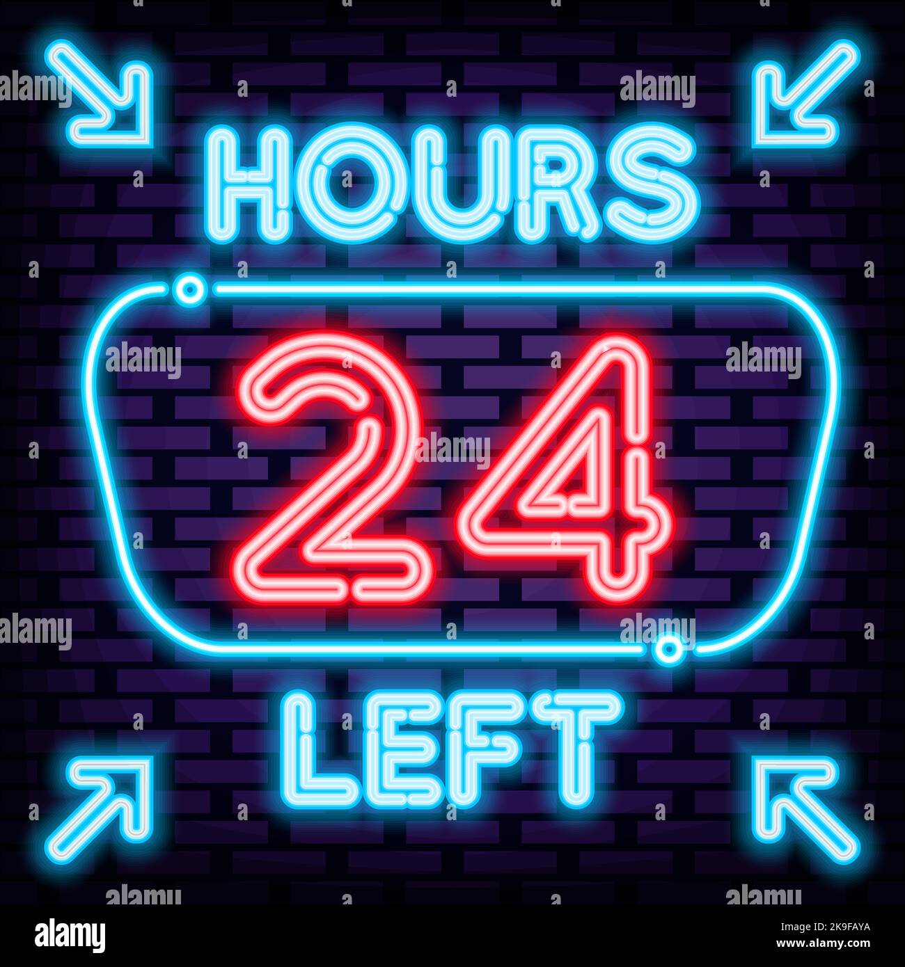 24 hours left Neon signboards. Glowing with colorful neon light. Night ...
