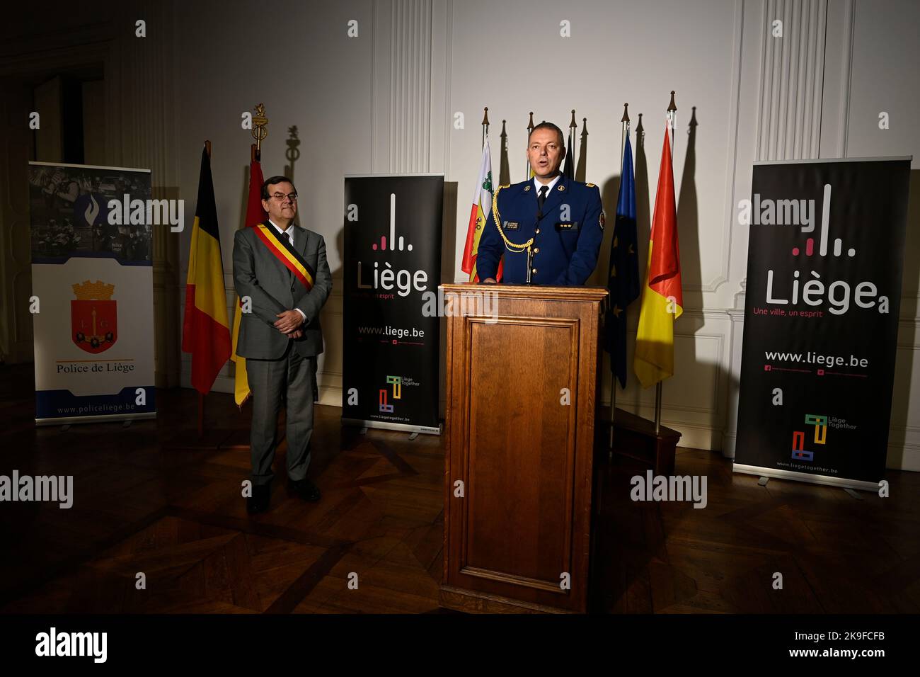 Liege Police Zone chief of staff Jean-Marc Demelenne and talks during ...