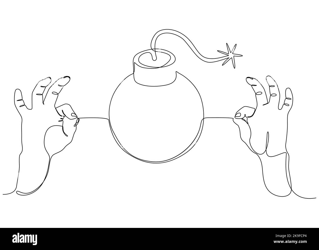 One continuous line of two hand holding a string with Bomb word. Thin ...
