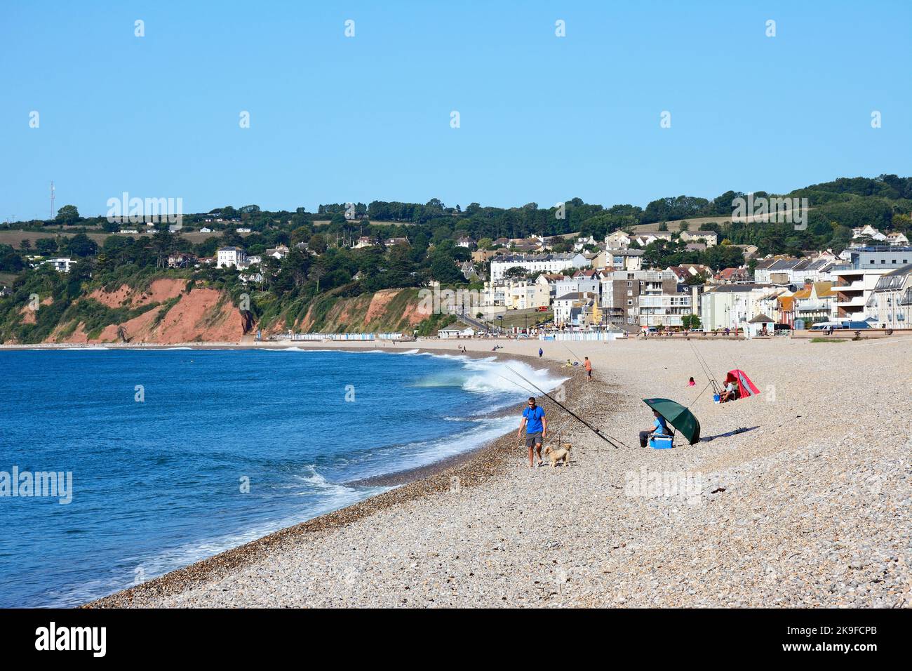 View along the pebble beach towards Beer Head with people fishing along ...
