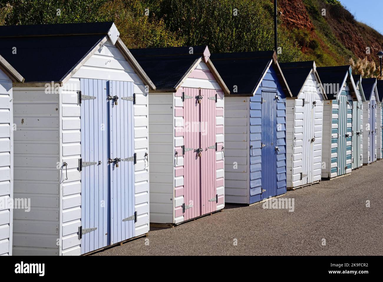 Beach huts alongside the beach, Seaton, Devon, UK, Europe Stock Photo ...
