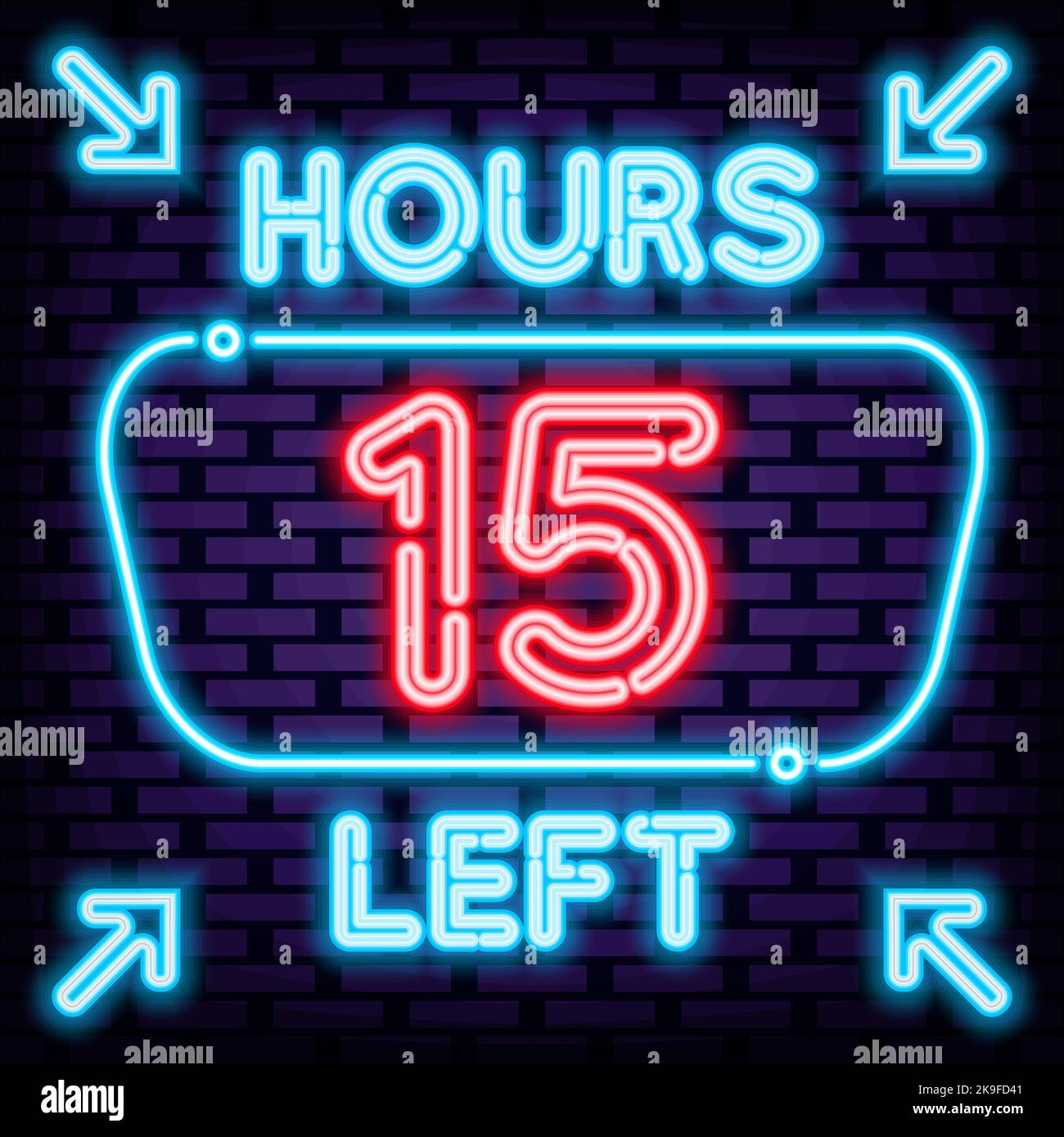 15 hours left Neon quote. Bright signboard. Announcement neon signboard ...