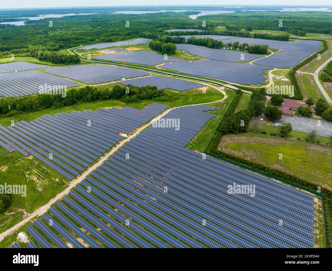 Aerial view of solar panels fields in Middleburg Township in a green ...