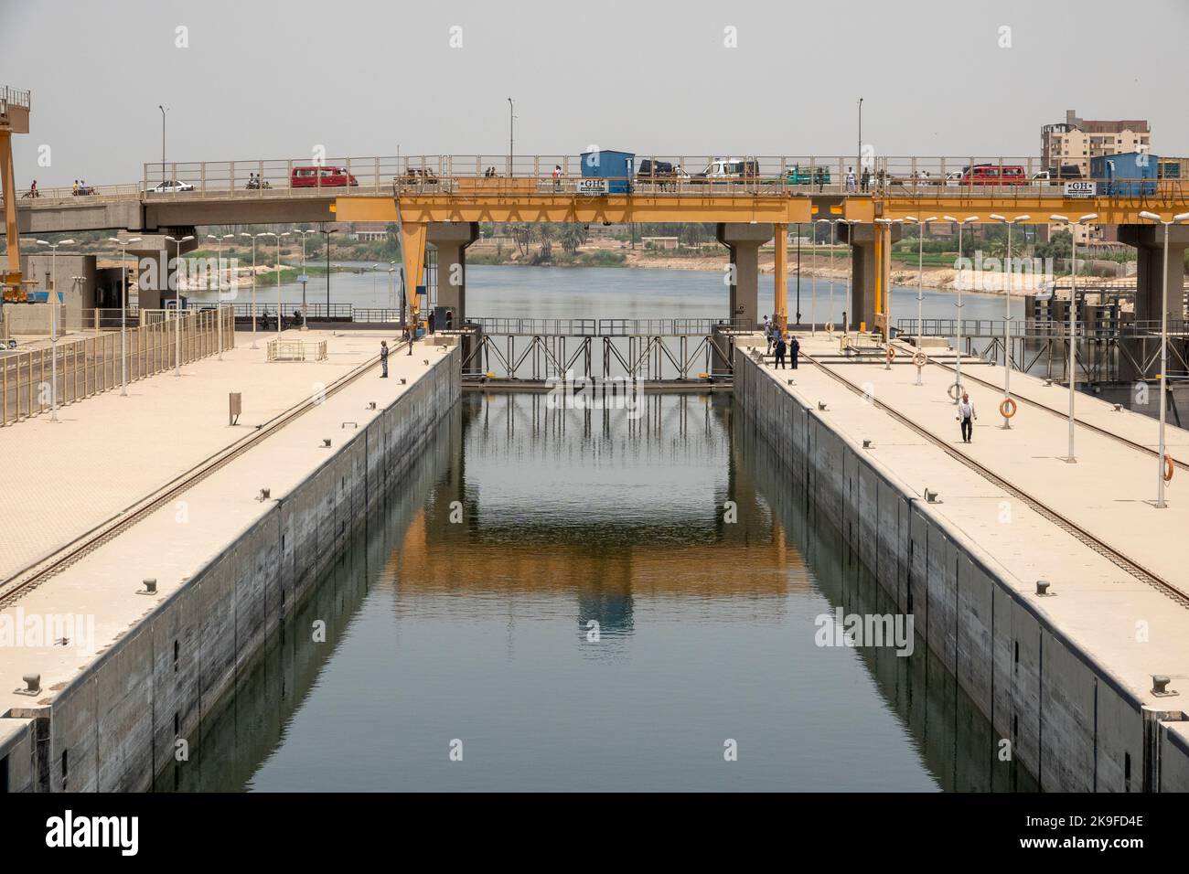Approaching by boat a river Nile barrage and lock Stock Photo - Alamy