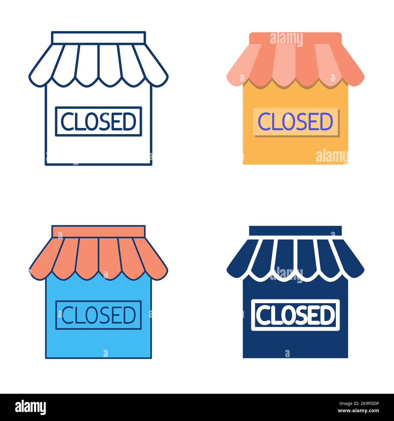 Closed business icon set in flat and line style. Small shop bankruptcy ...