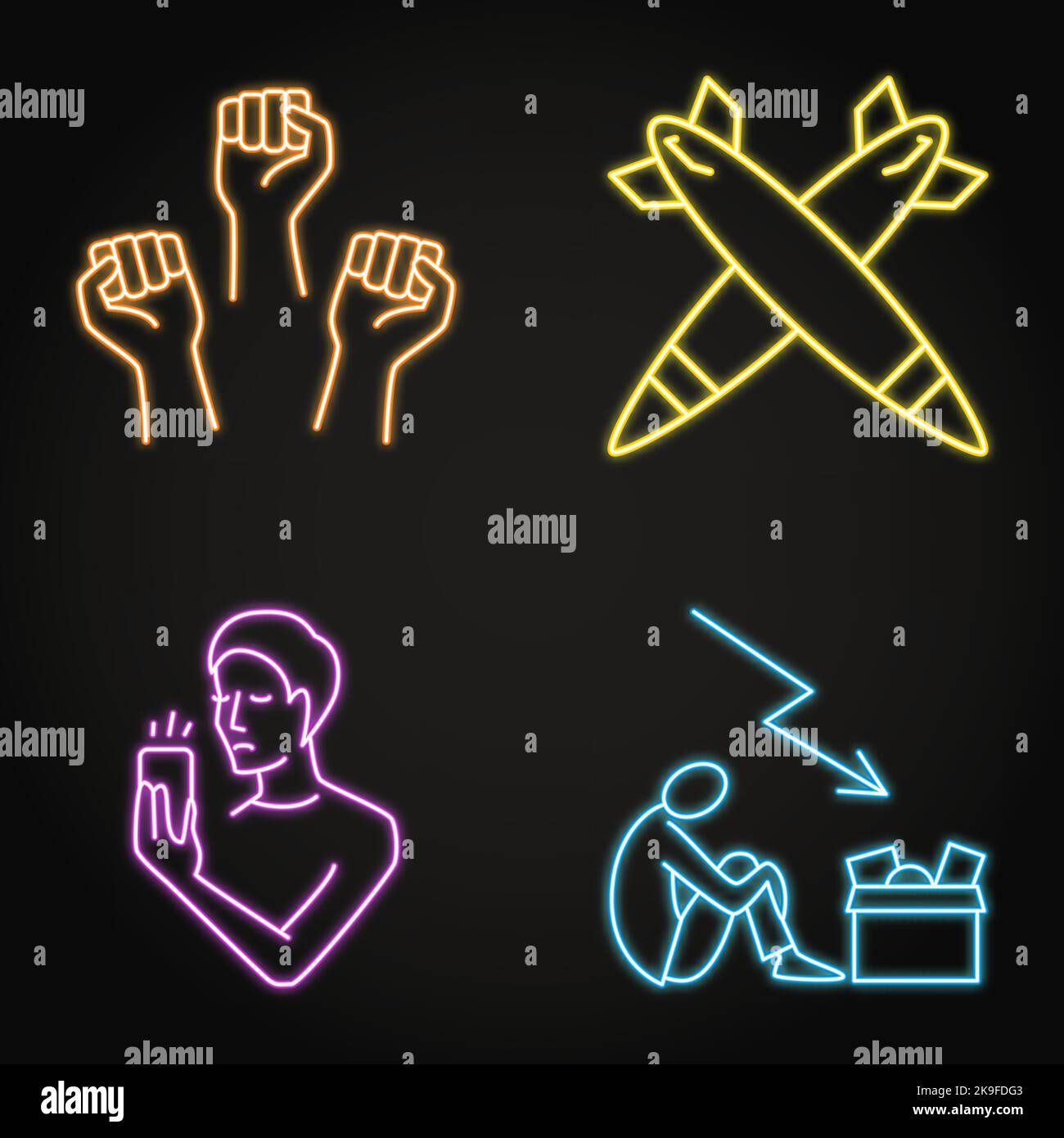 Economic crisis effects neon icon set. War, protests, unemployment ...