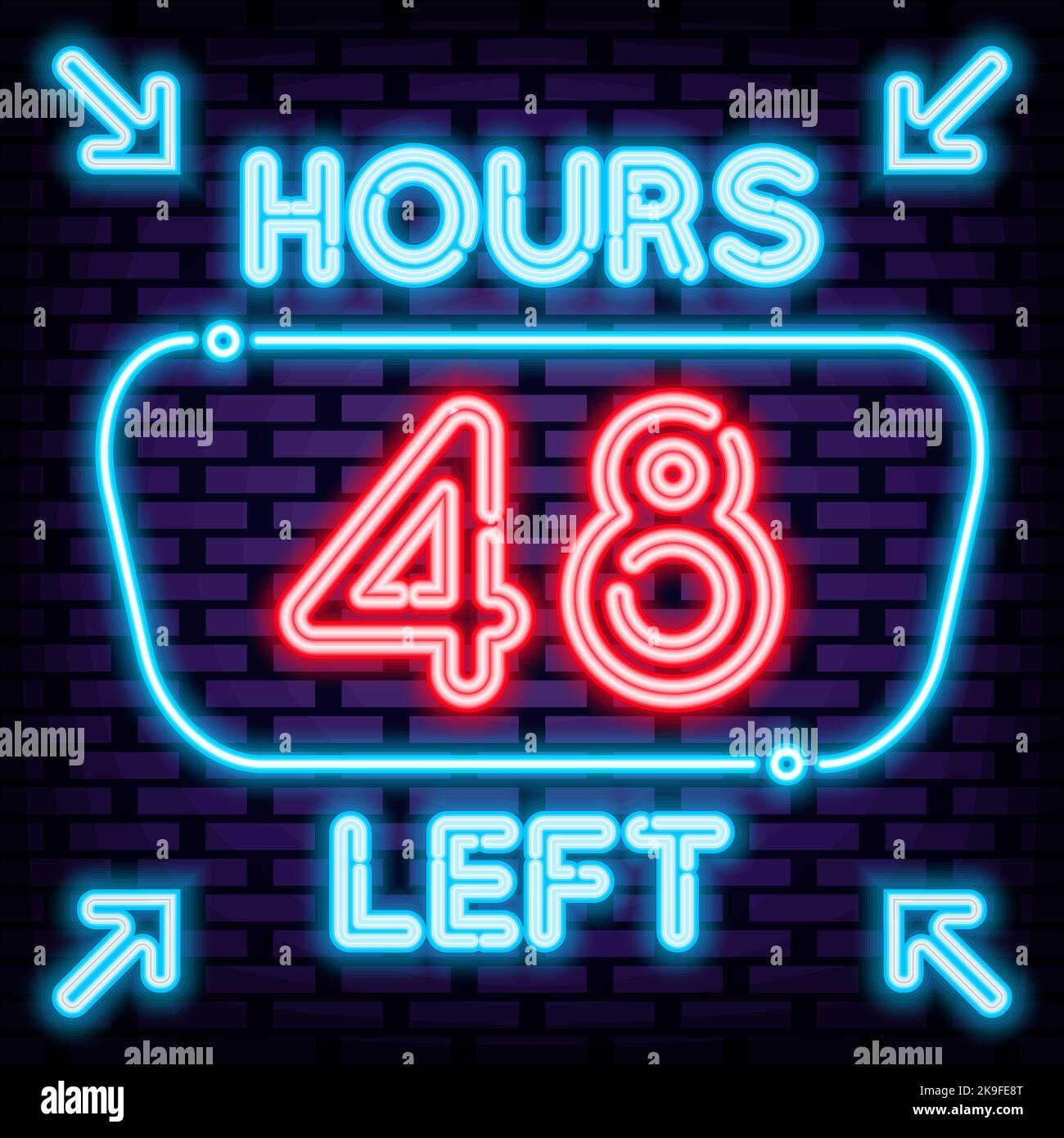 48 hours left Neon sign. On brick wall background. Night advensing ...