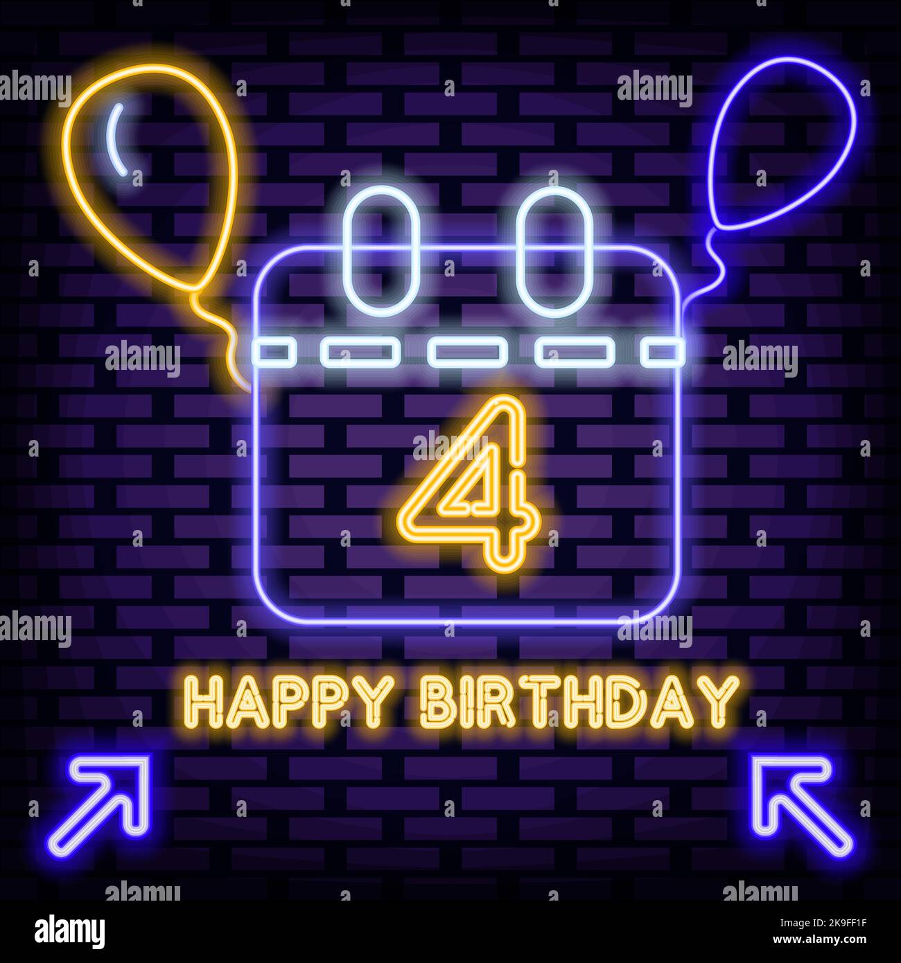 Happy 4th Birthday Badge in neon style. Neon script. Announcement neon ...
