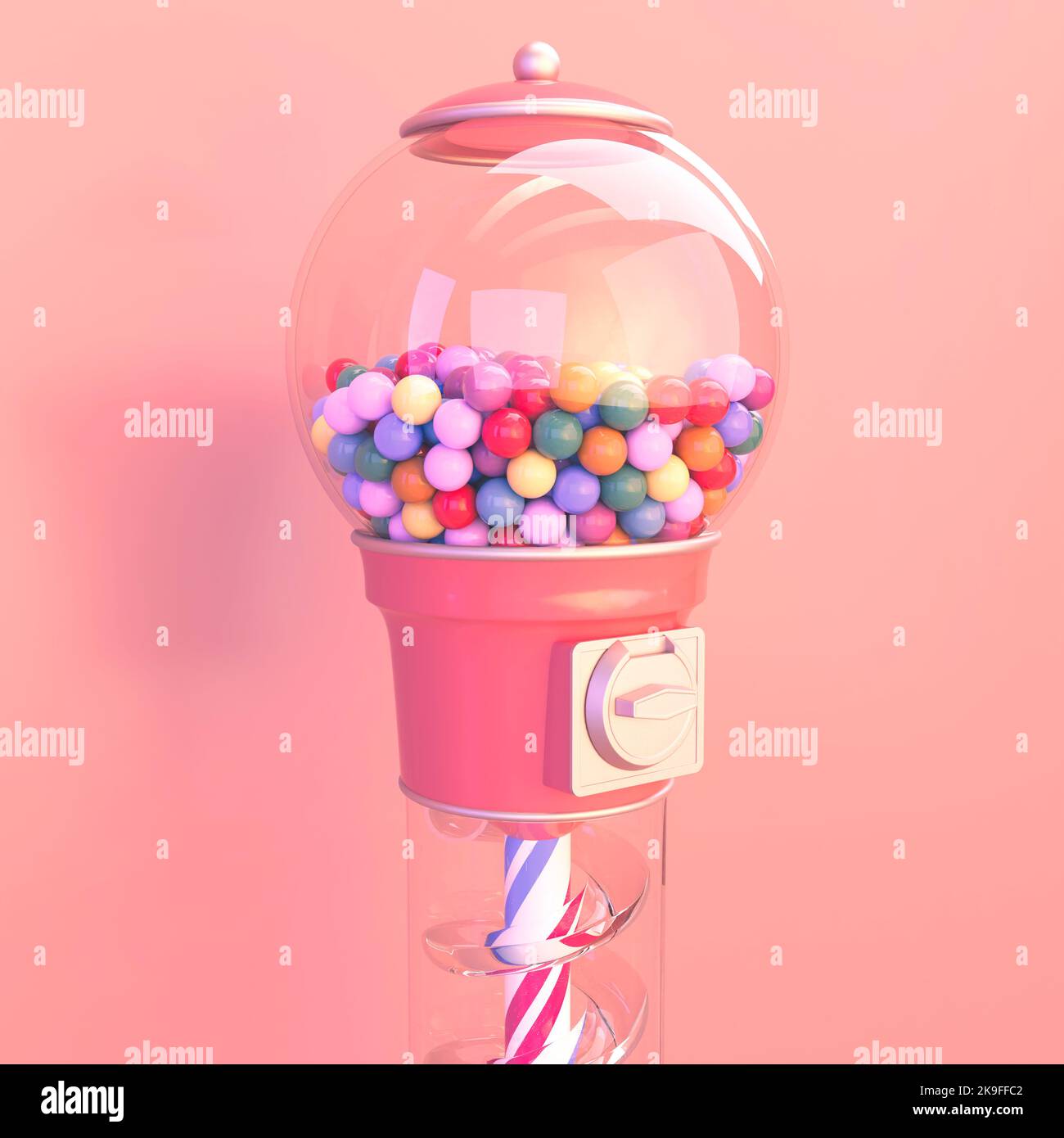 A pink vintage gumball dispensing machine filled with multicolored ...