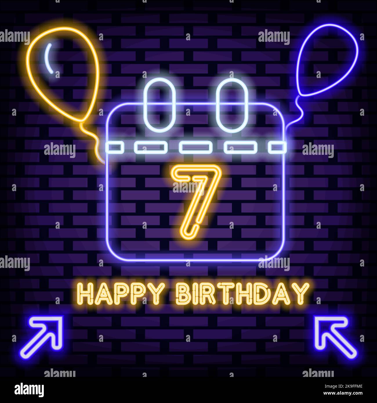 7 Year old Happy Birthday 7th Neon sign. On brick wall background ...