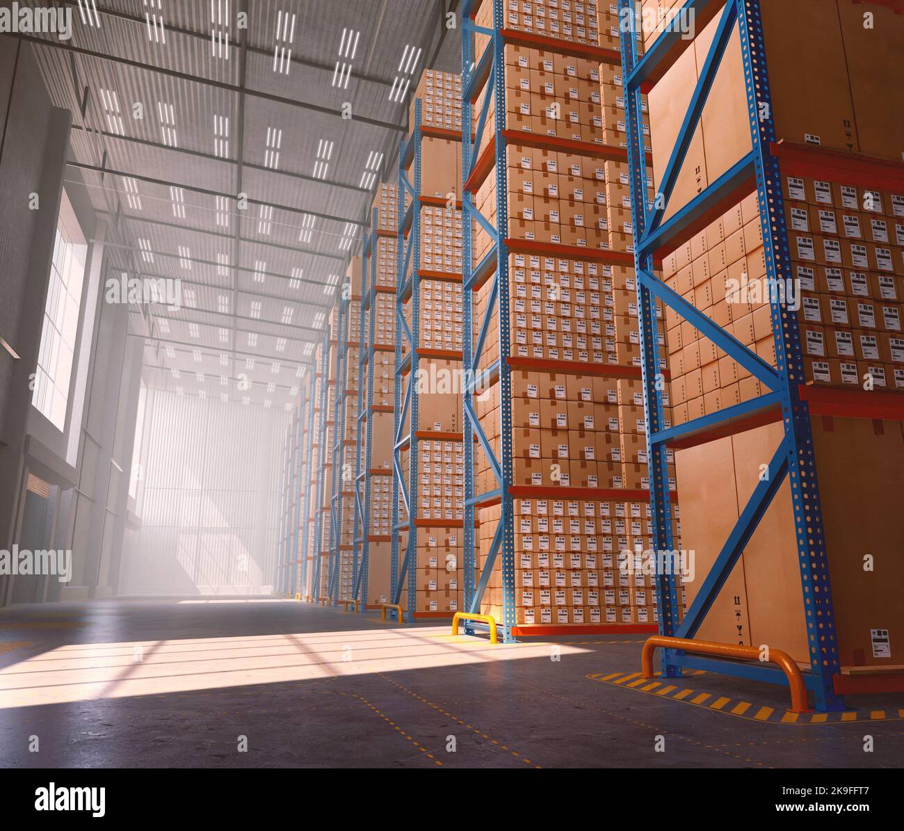 Interior of an empty modern logistic warehouse storage facility with ...