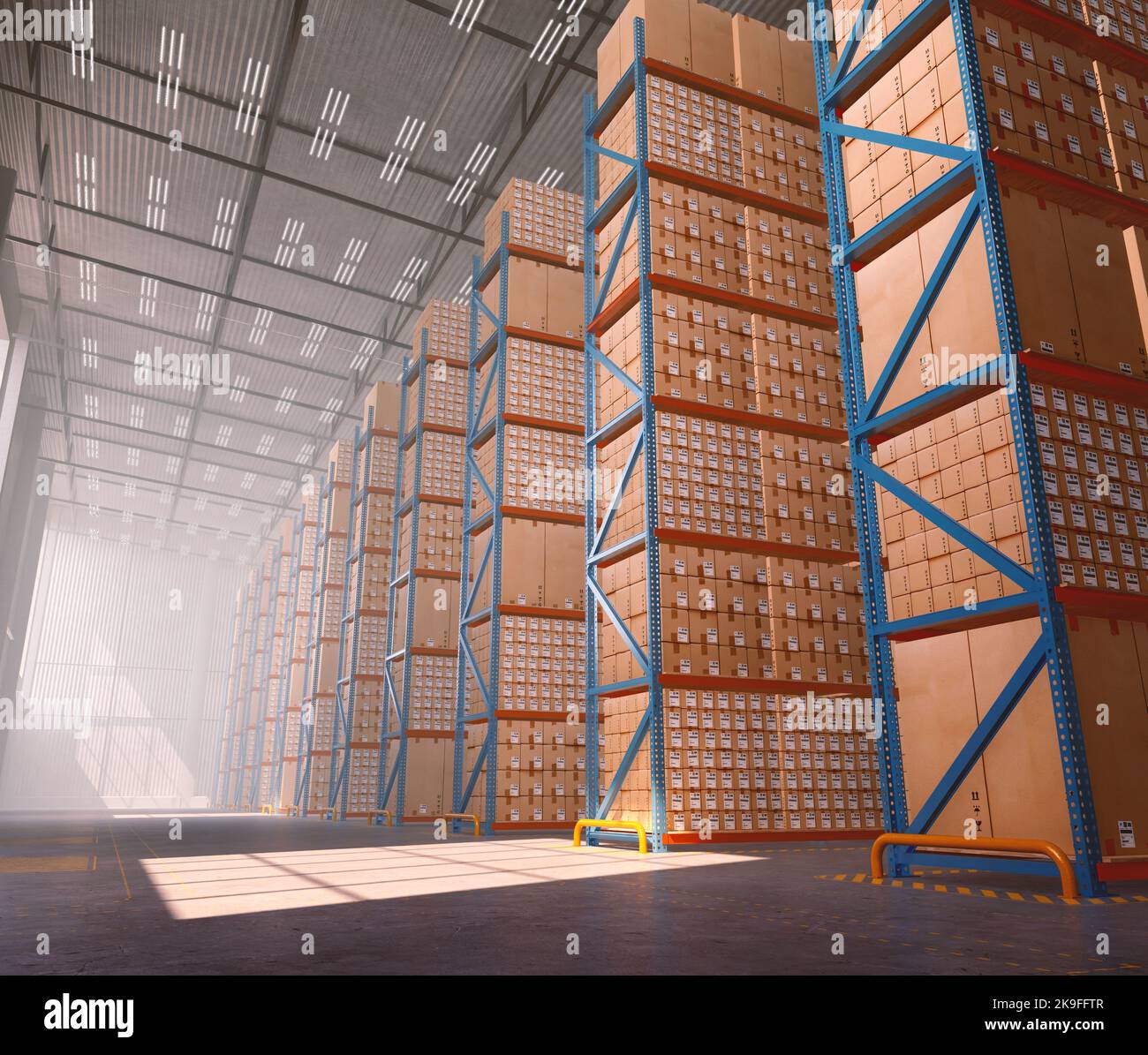 Interior of an empty modern logistic warehouse storage facility with ...