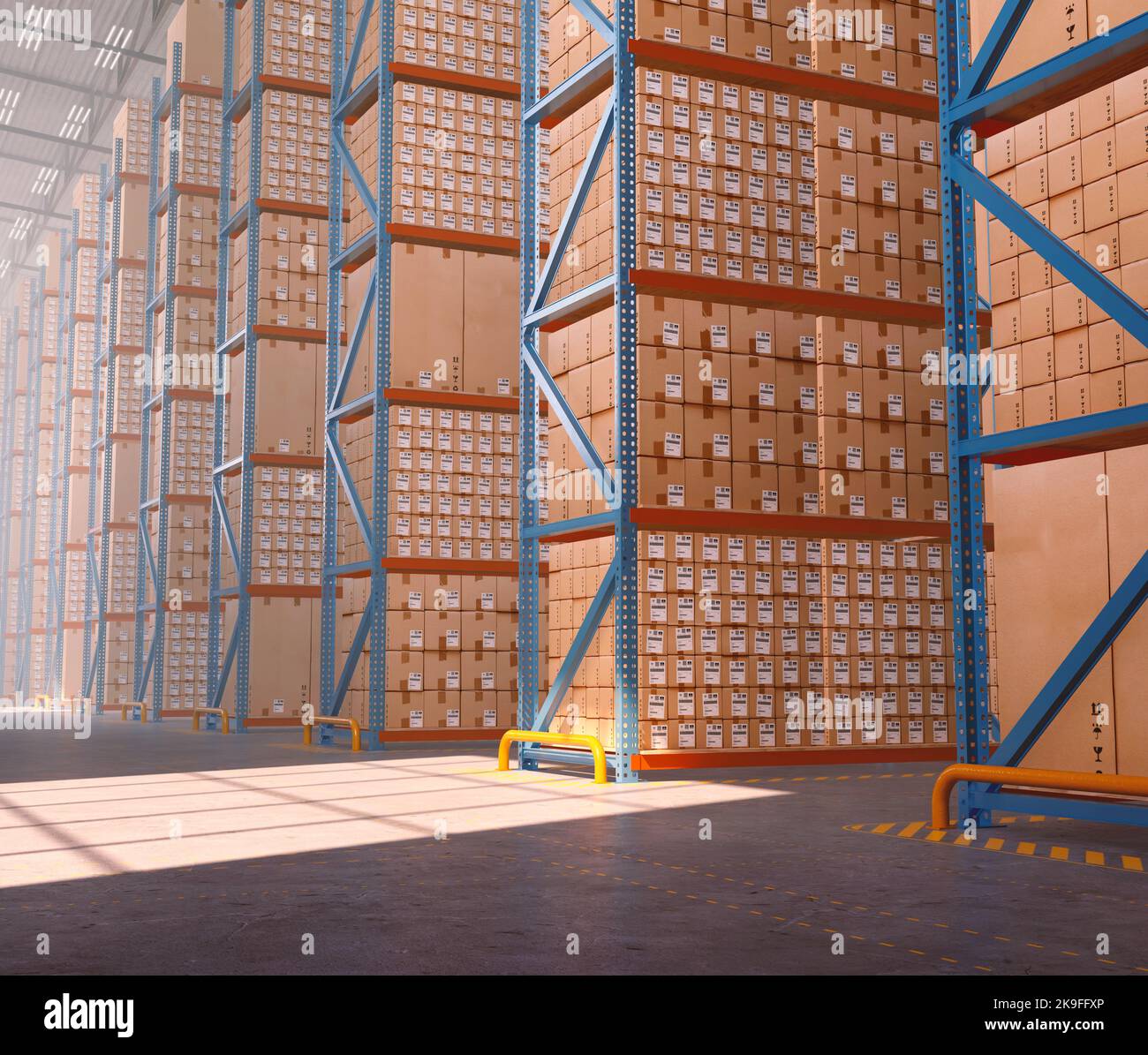 Interior of an empty modern logistic warehouse storage facility with ...