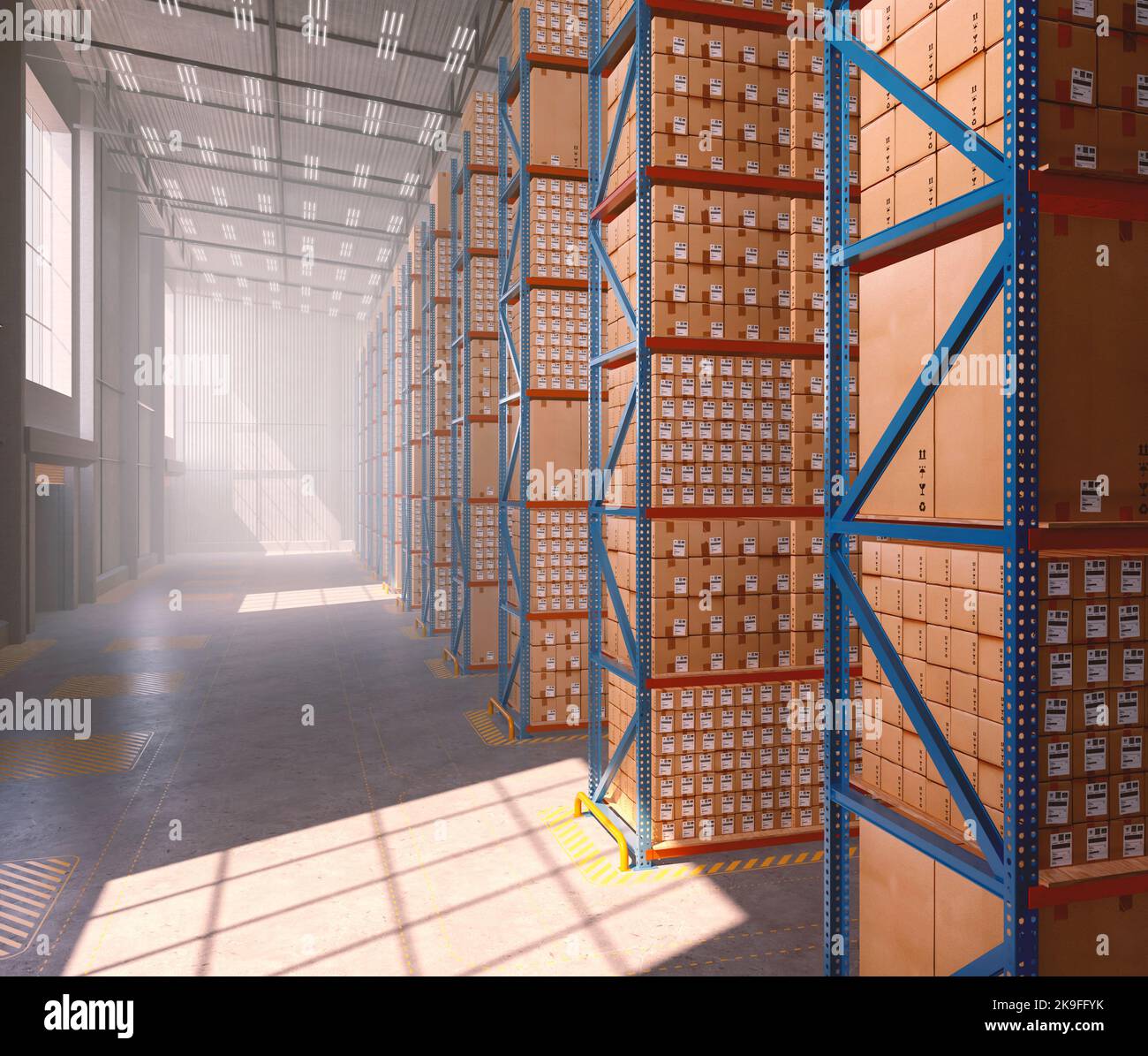 Interior of an empty modern logistic warehouse storage facility with ...