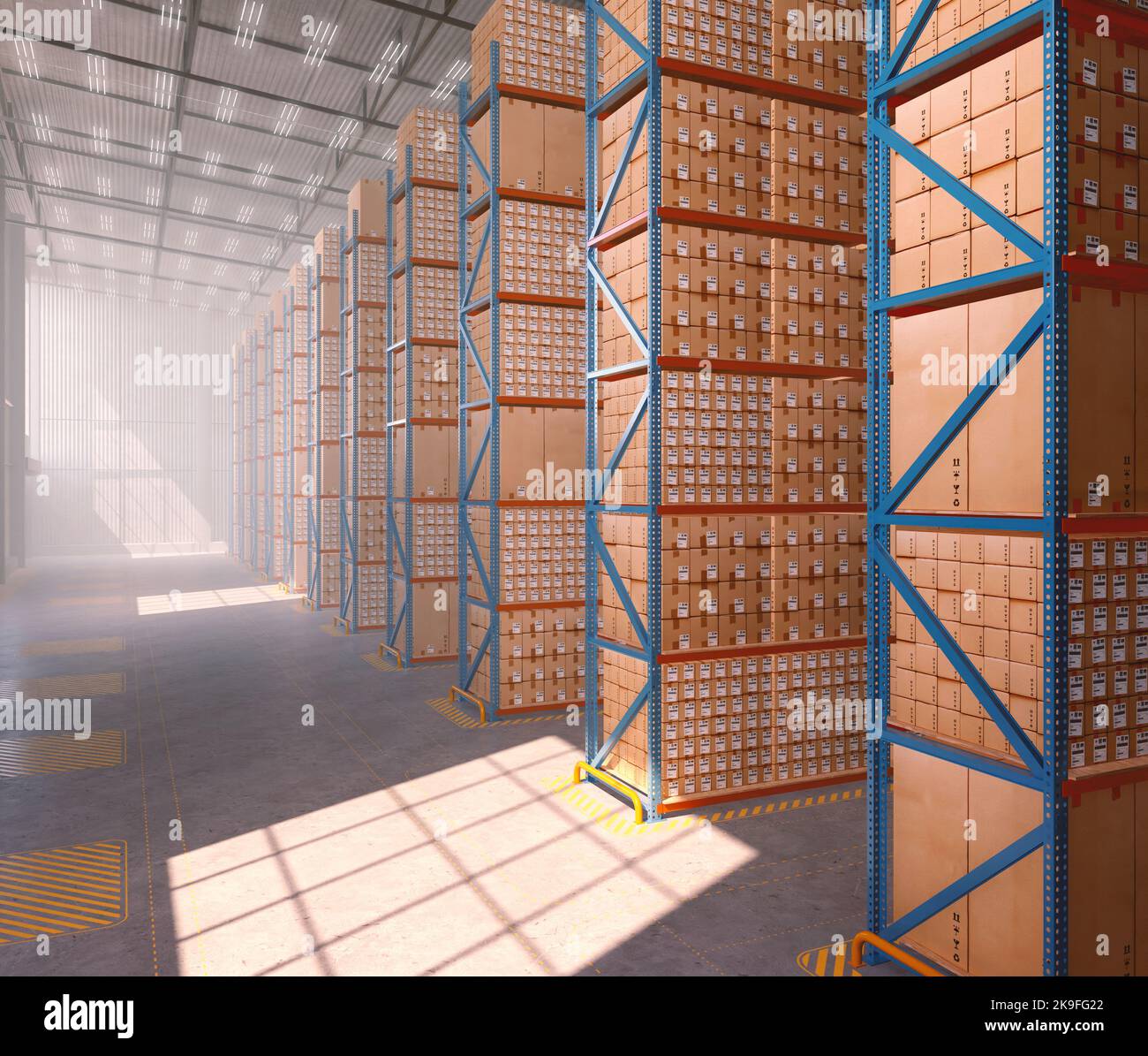 Interior of an empty modern logistic warehouse storage facility with ...