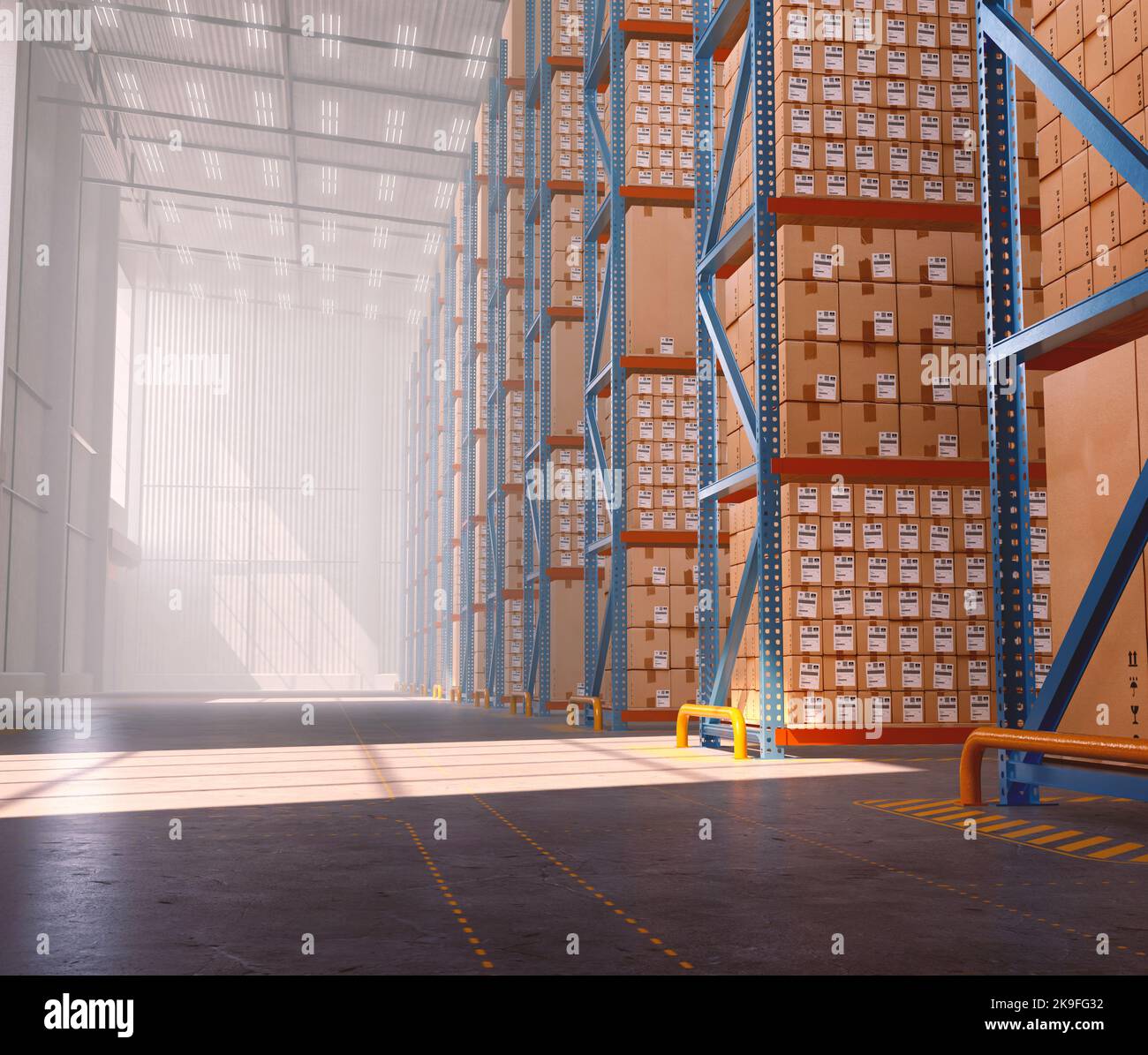 Interior of an empty modern logistic warehouse storage facility with ...