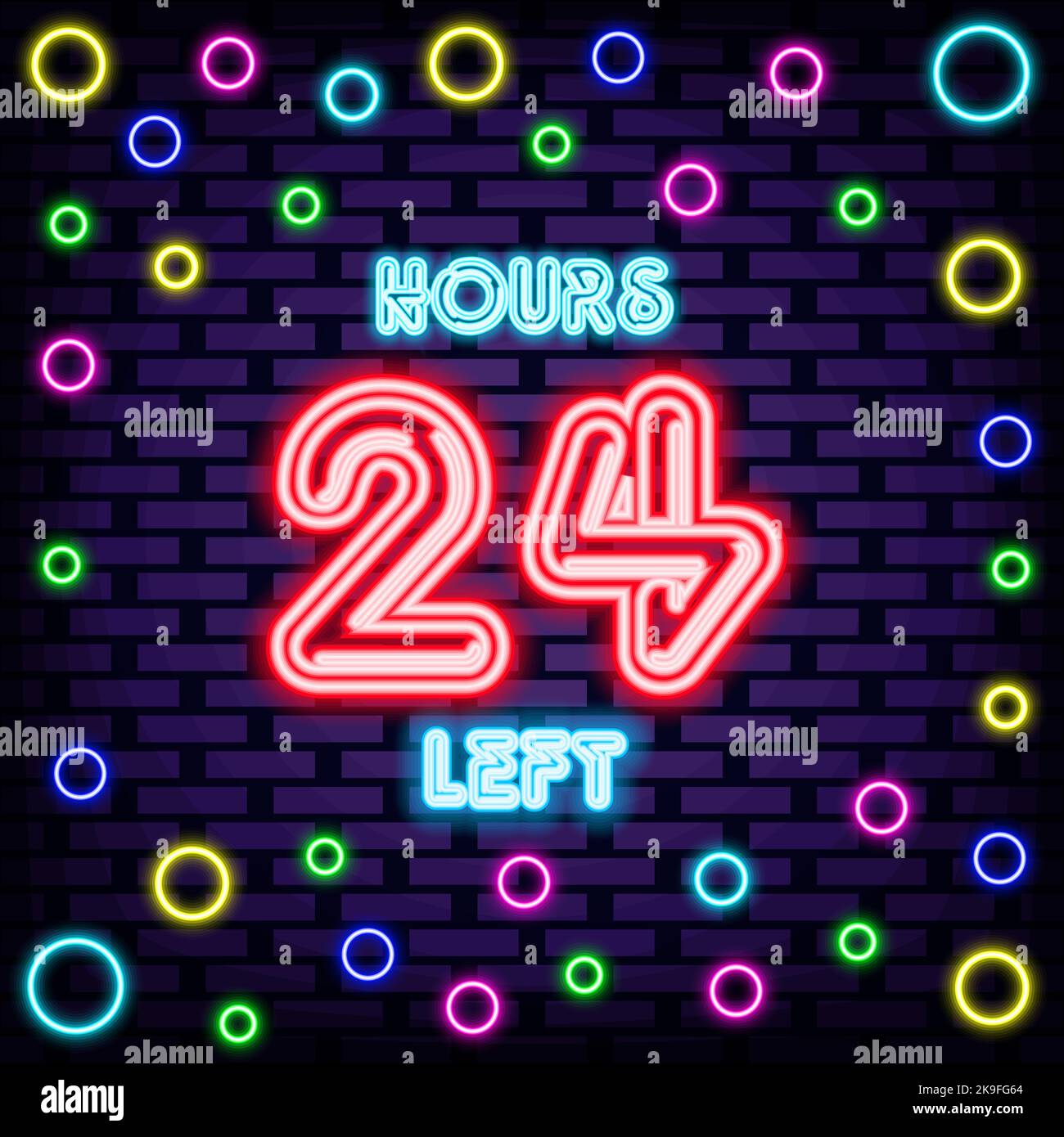 24 hours left Badge in neon style. On brick wall background. Neon text ...