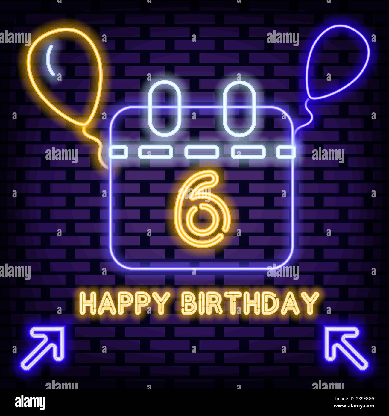 6 Year old Happy Birthday 6th Neon sign. On brick wall background ...