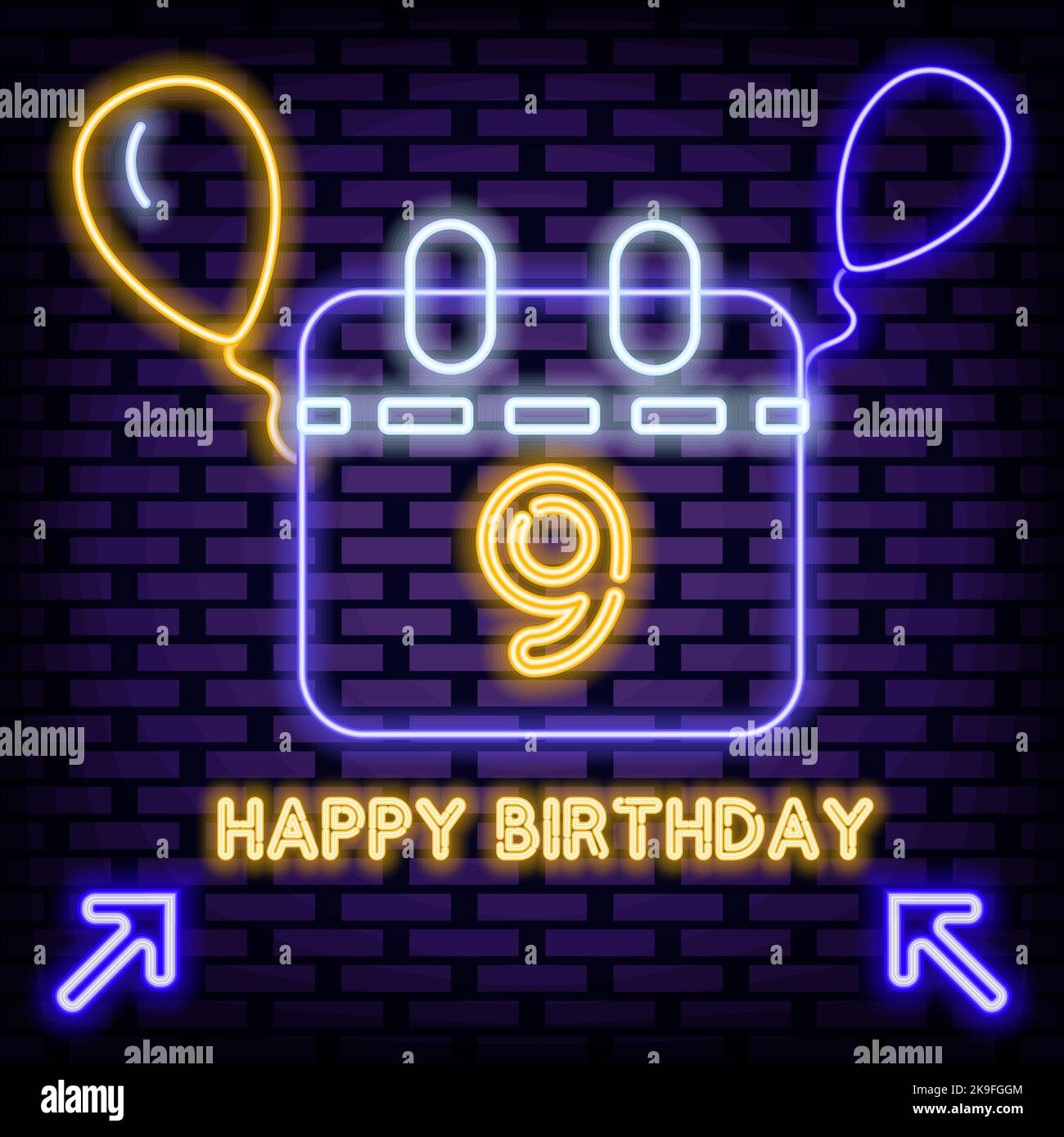 9 Year old Happy Birthday 9th Badge in neon style. Bright signboard ...