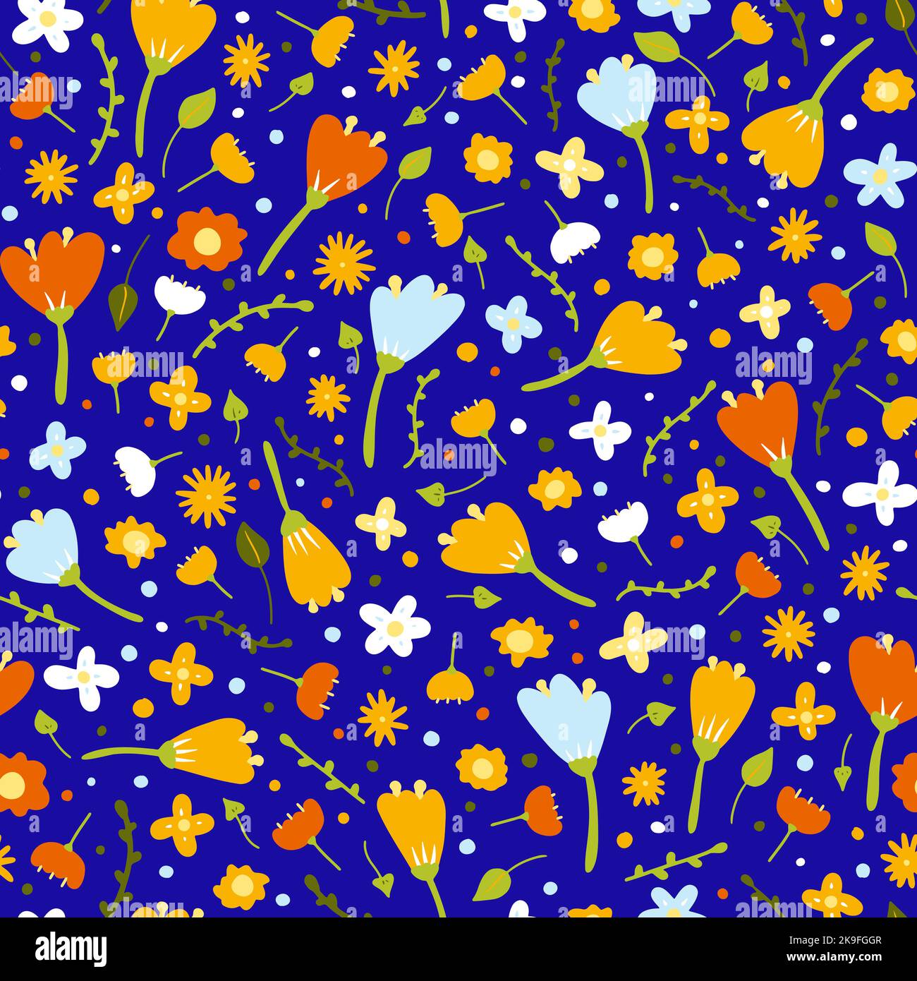 Seamless cartoon abstract flower pattern. Color floret on blue ...