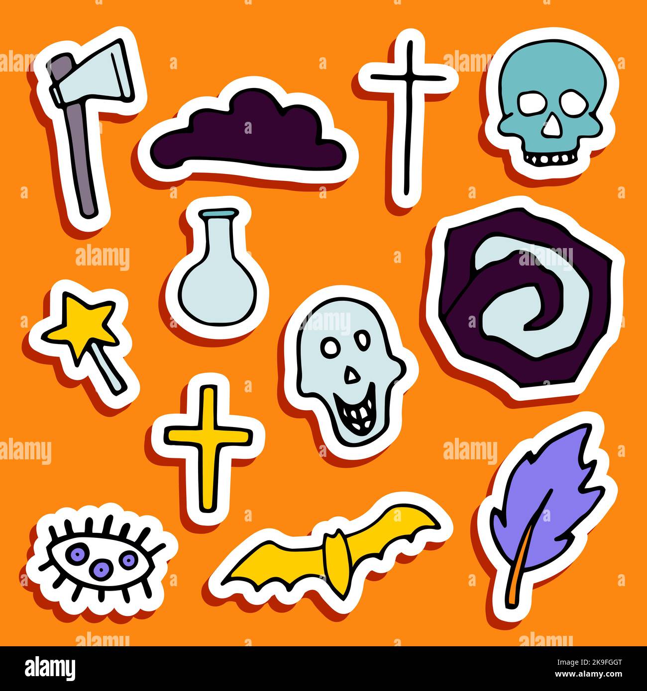 Doodle Halloween sticker set. Hand-drawn autumn ax, skull, bat, flask ...