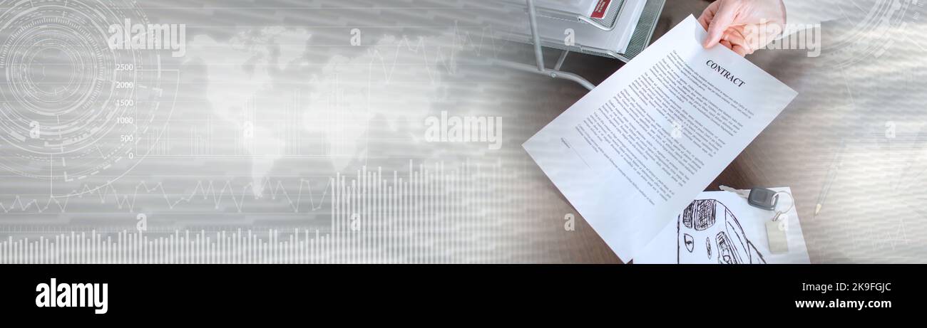 Dealer showing a car purchase contract in car dealership; panoramic ...