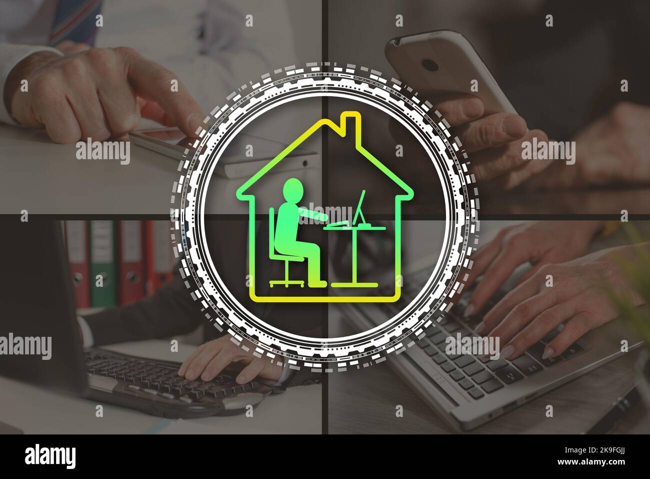 Work from home concept illustrated by pictures on background Stock ...